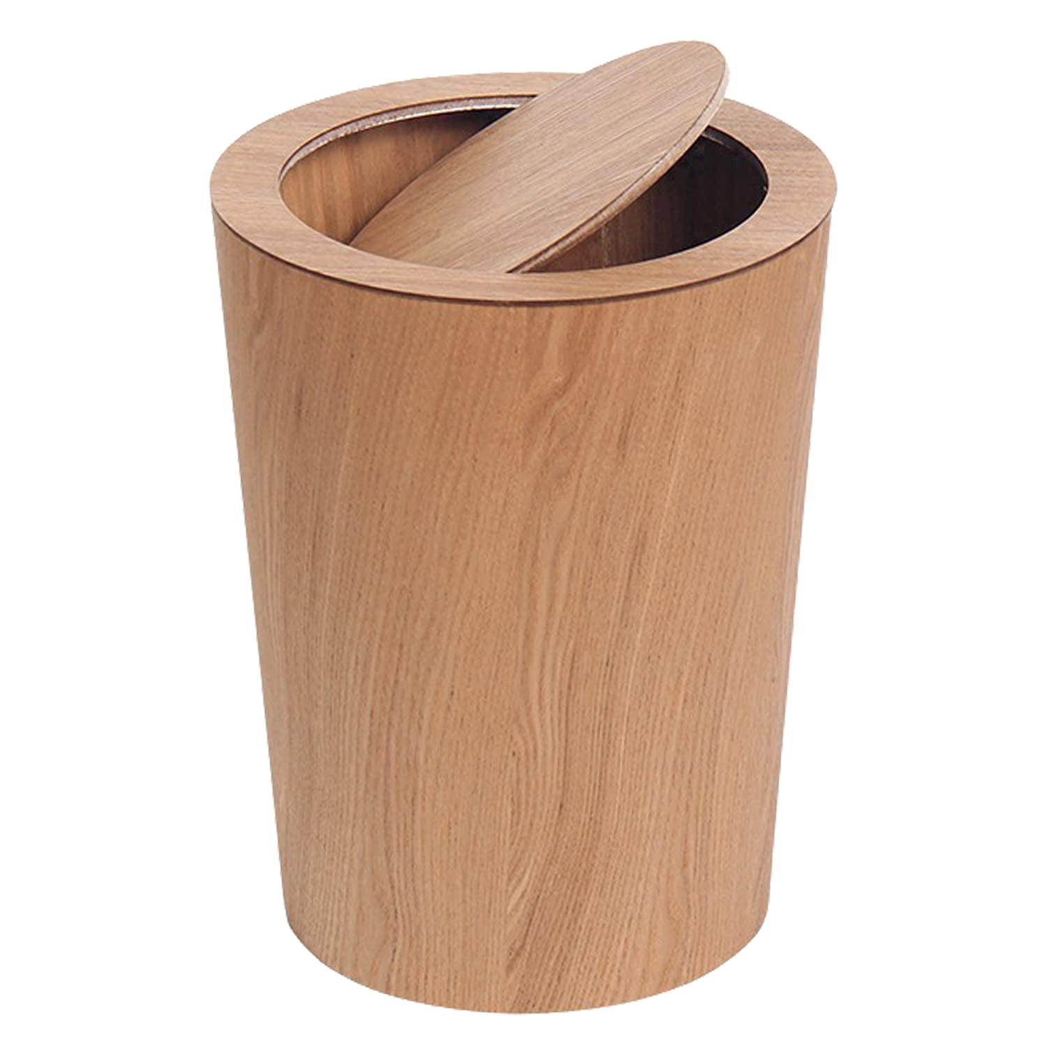 Modern Round Trash Can with Lid,Real Wood Waste Basket in Light Brown,9 ...