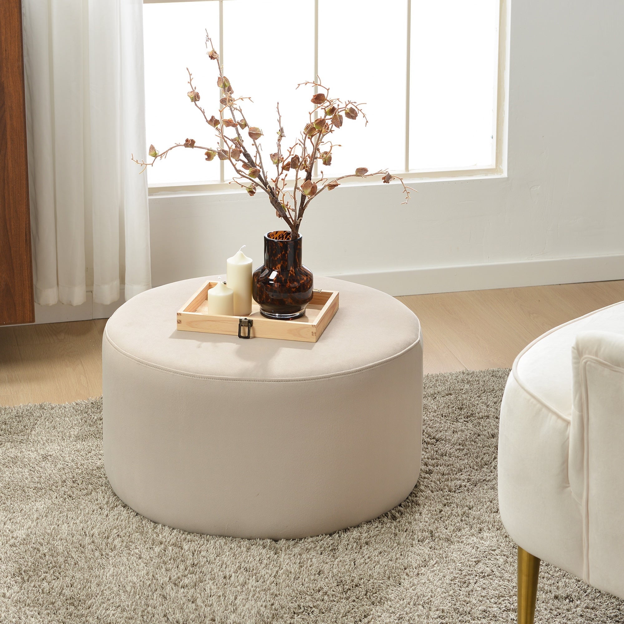 Modern Round Velvet Upholstered Ottoman with Soft Padded Seat, Multi ...