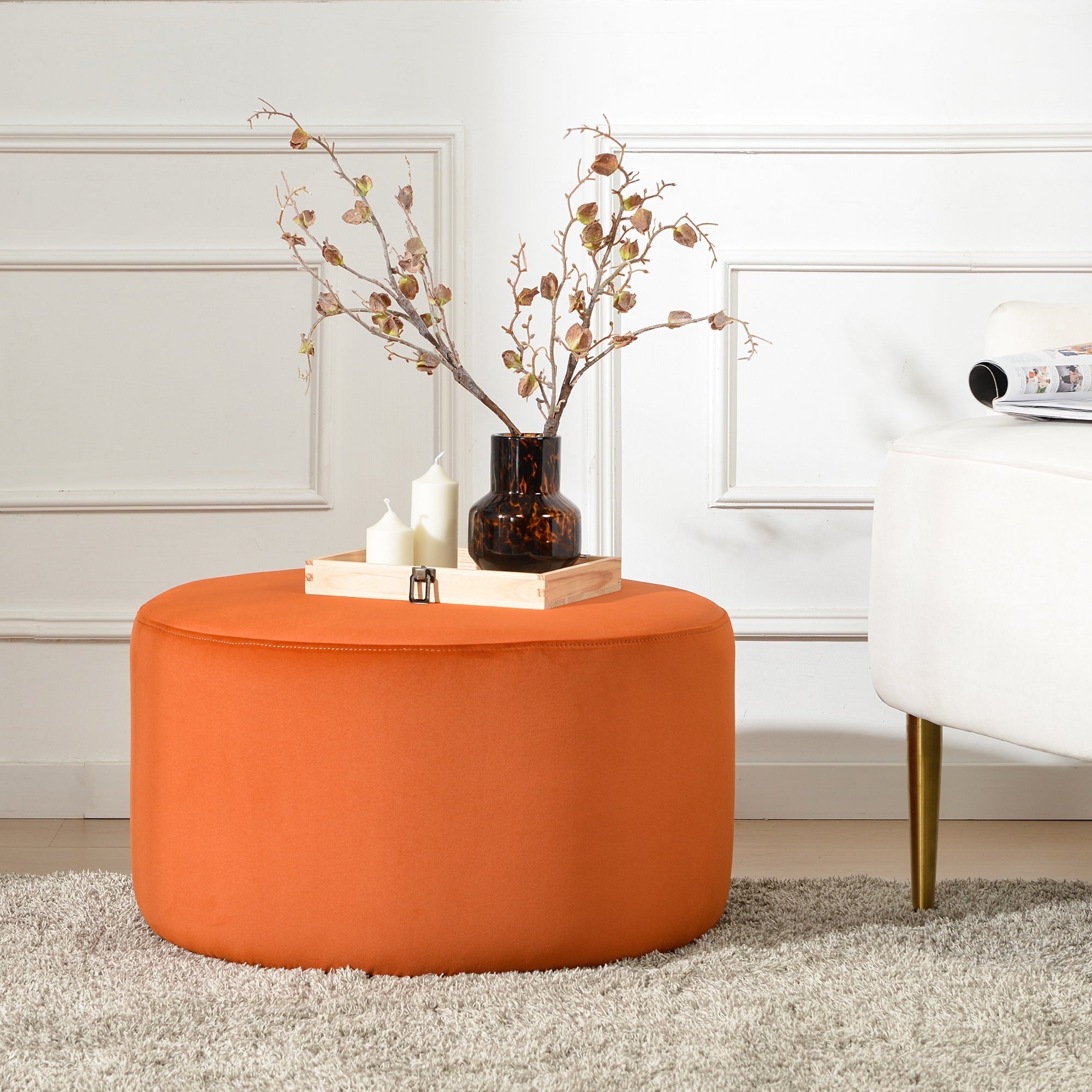 Modern Round Velvet Upholstered Ottoman with Soft Padded Seat, Multi ...