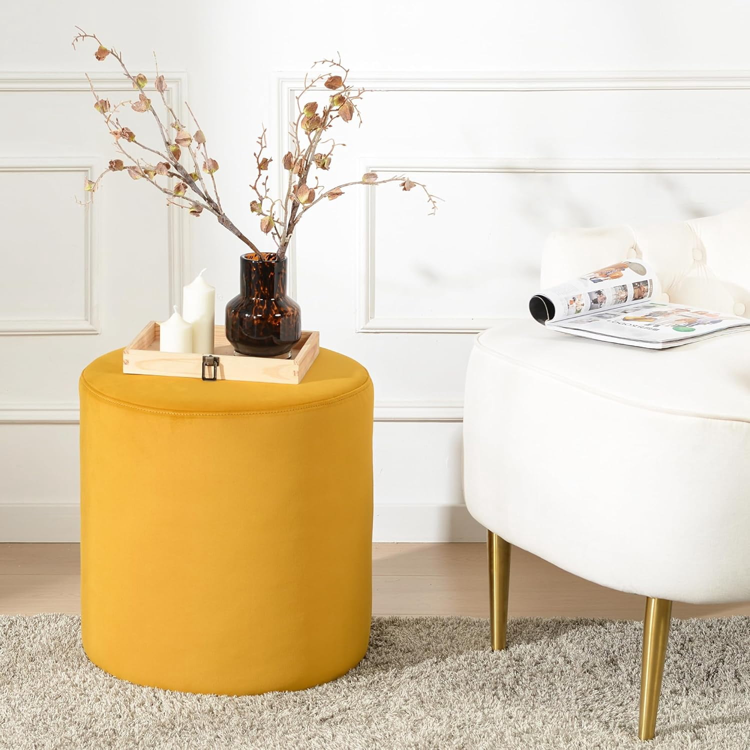 Modern Round Velvet Upholstered Ottoman with Soft Padded Seat, Multi ...
