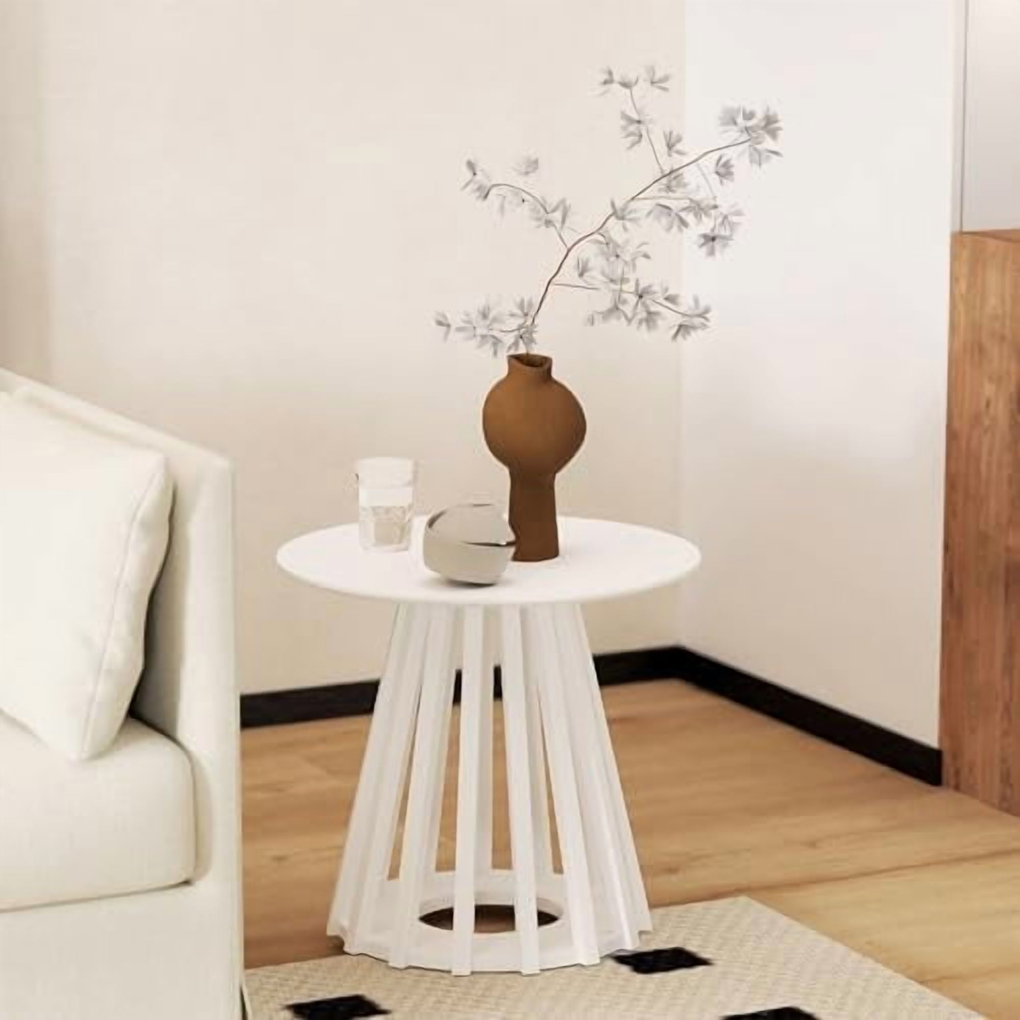 Modern Round White Fluted End Table, Wood Pedestal Side Table, Drum ...