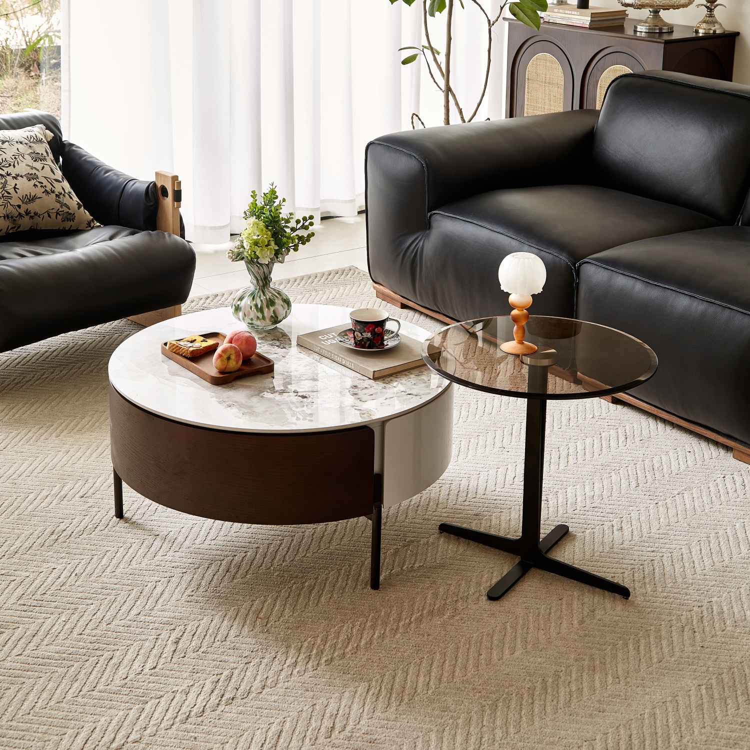 Modern Round White & reall wood color Coffee Table with Drawers and ...