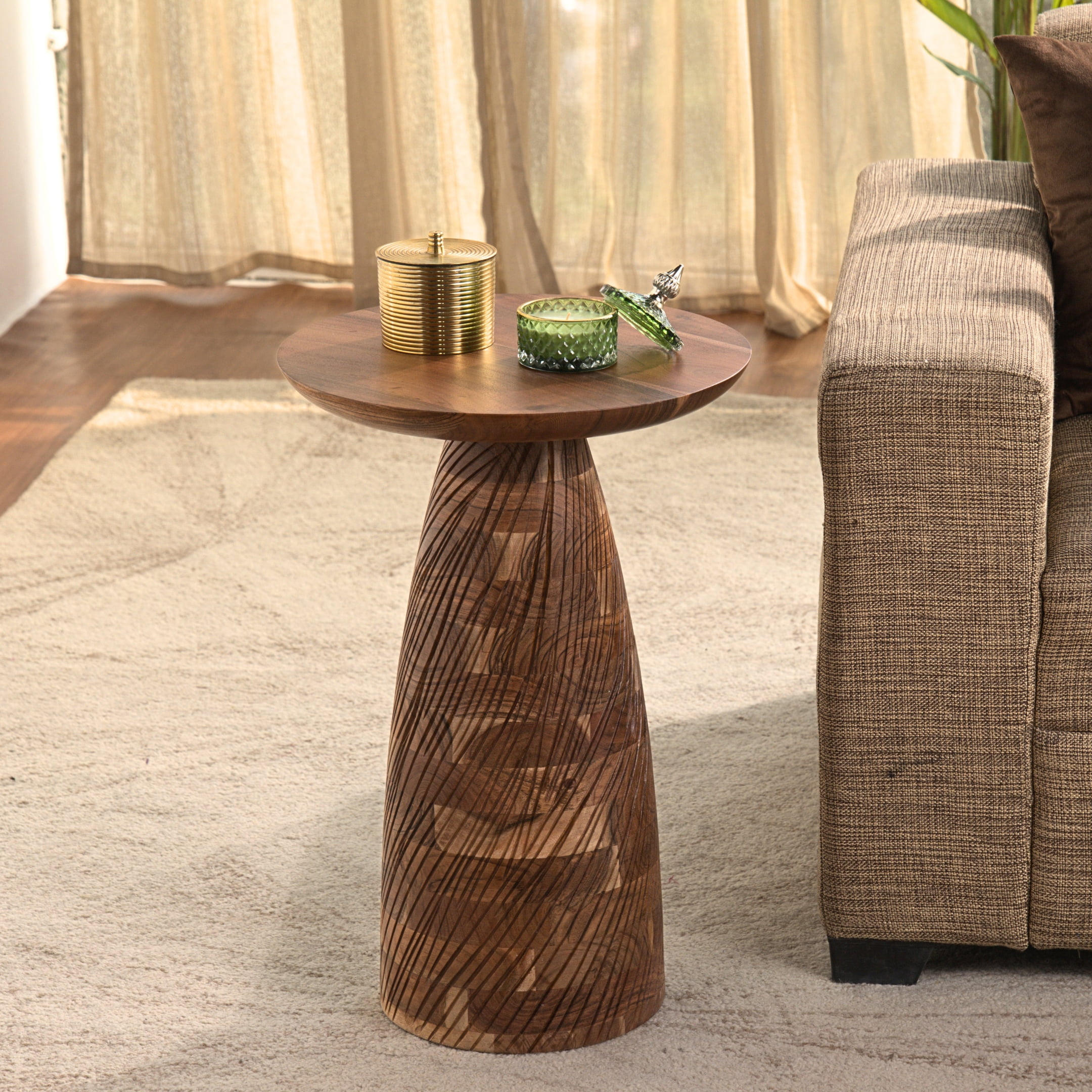 Modern Round Wood Accent Table with Carved Cone Base Solid Mango Wood ...