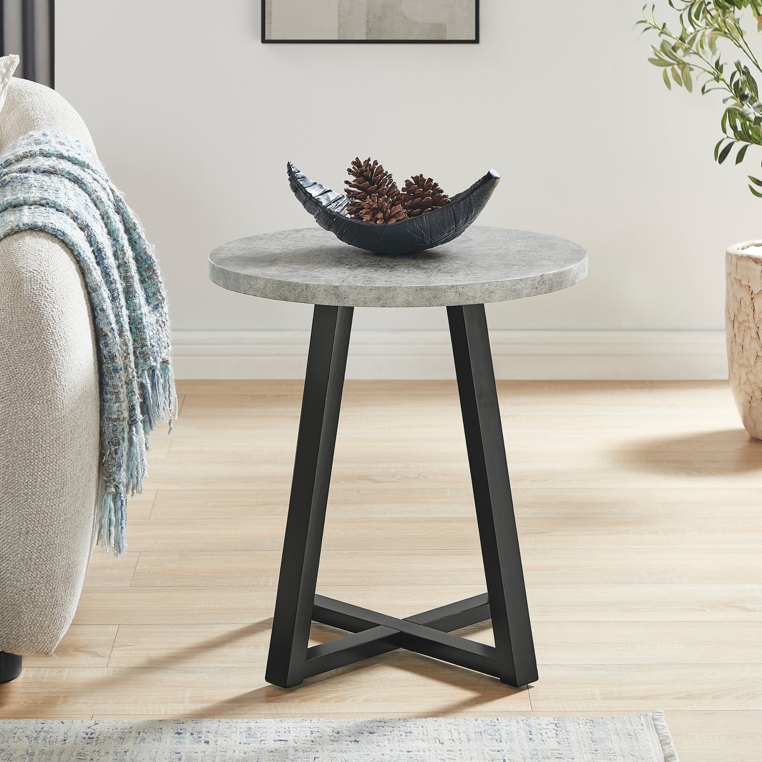 Modern Round Wood End Table, MDF Round Tabletop with Solid Rubberwood ...