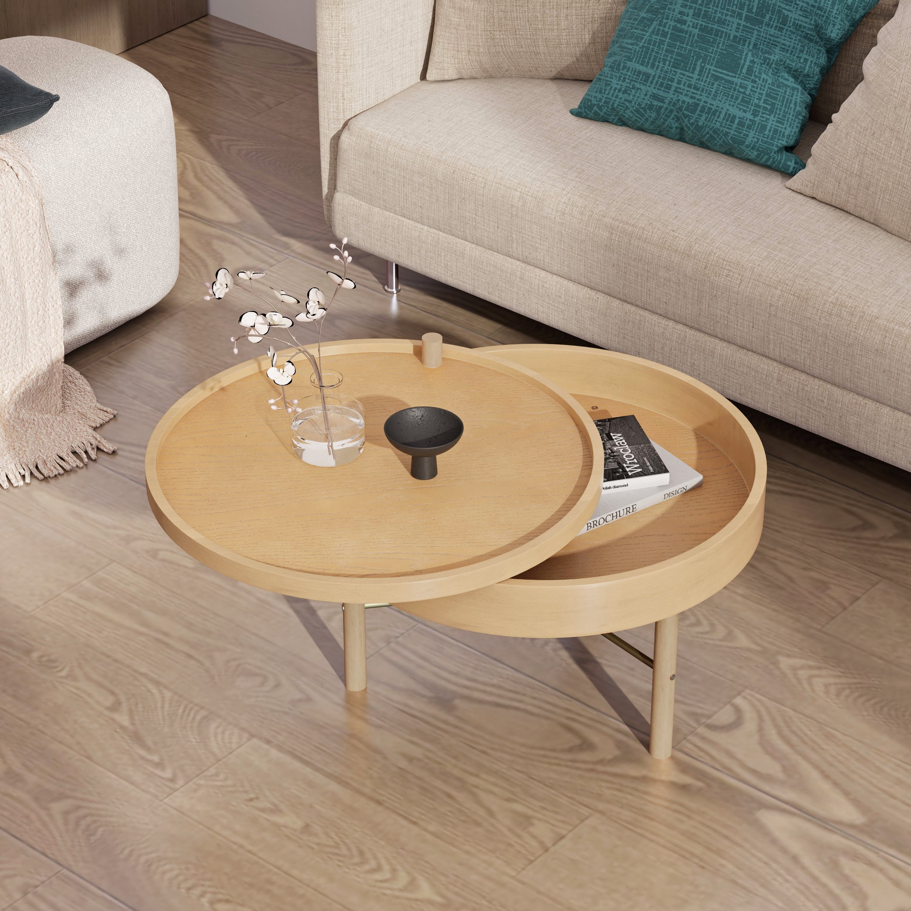 Modern Round Wood Rotating Tray Coffee Table with Storage & Metal Legs ...