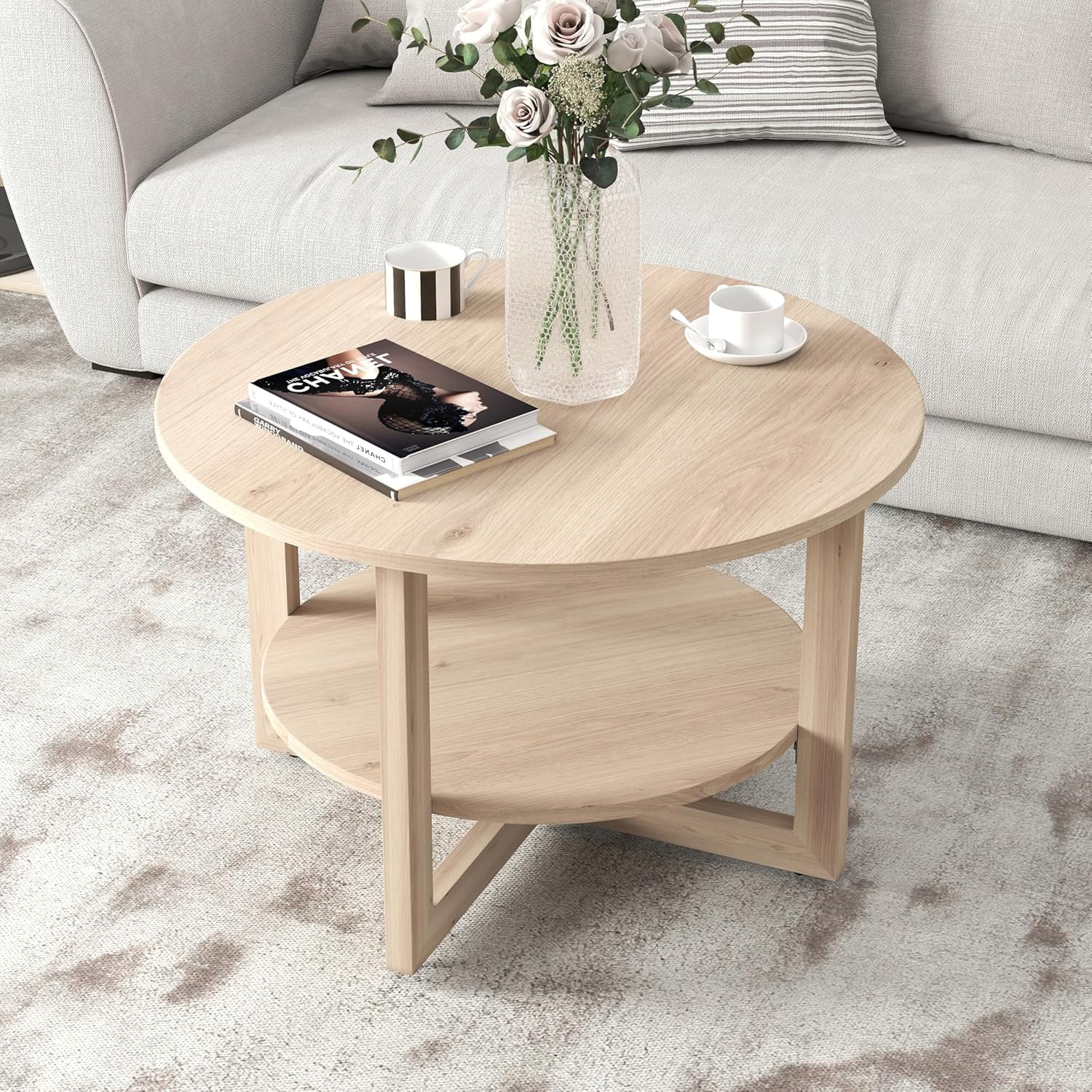 Modern Round Wooden Coffee Table 2-Tier Storage Design Circular Center ...