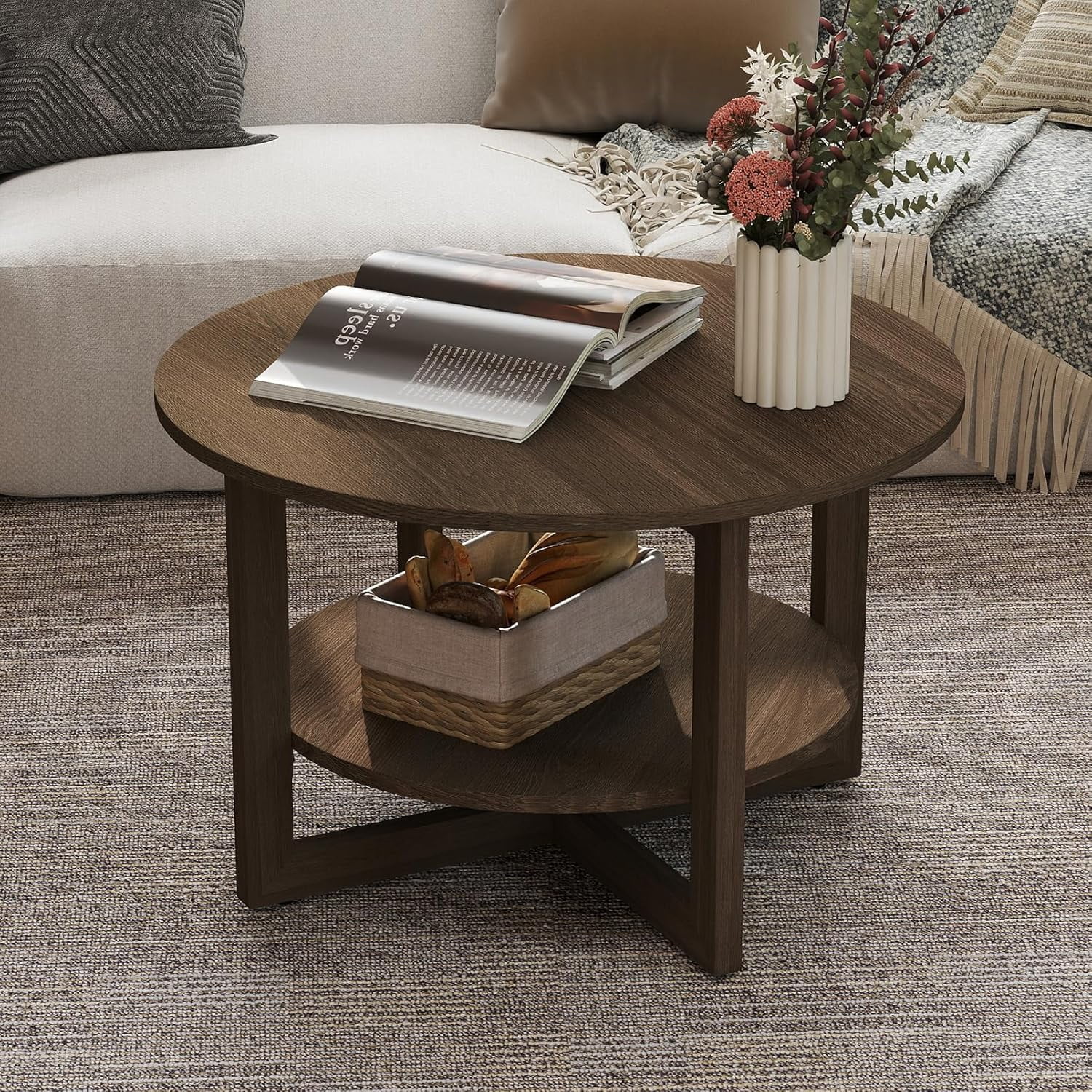 Modern Round Wooden Coffee Table 2-Tier Storage Design Circular Center ...