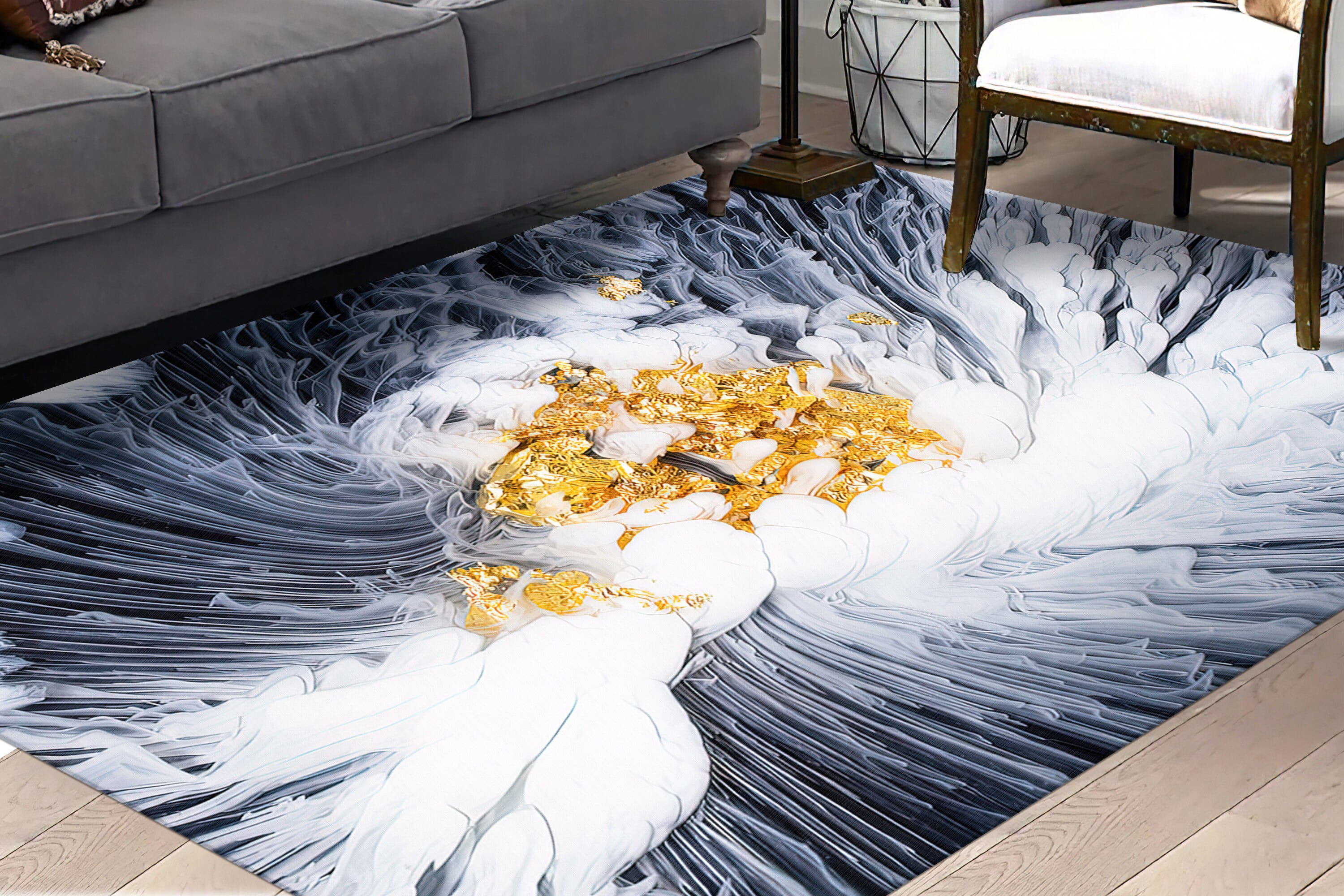 Modern Rug, Abstract Gold And White Flower Rugs, Contemporary Rug ...