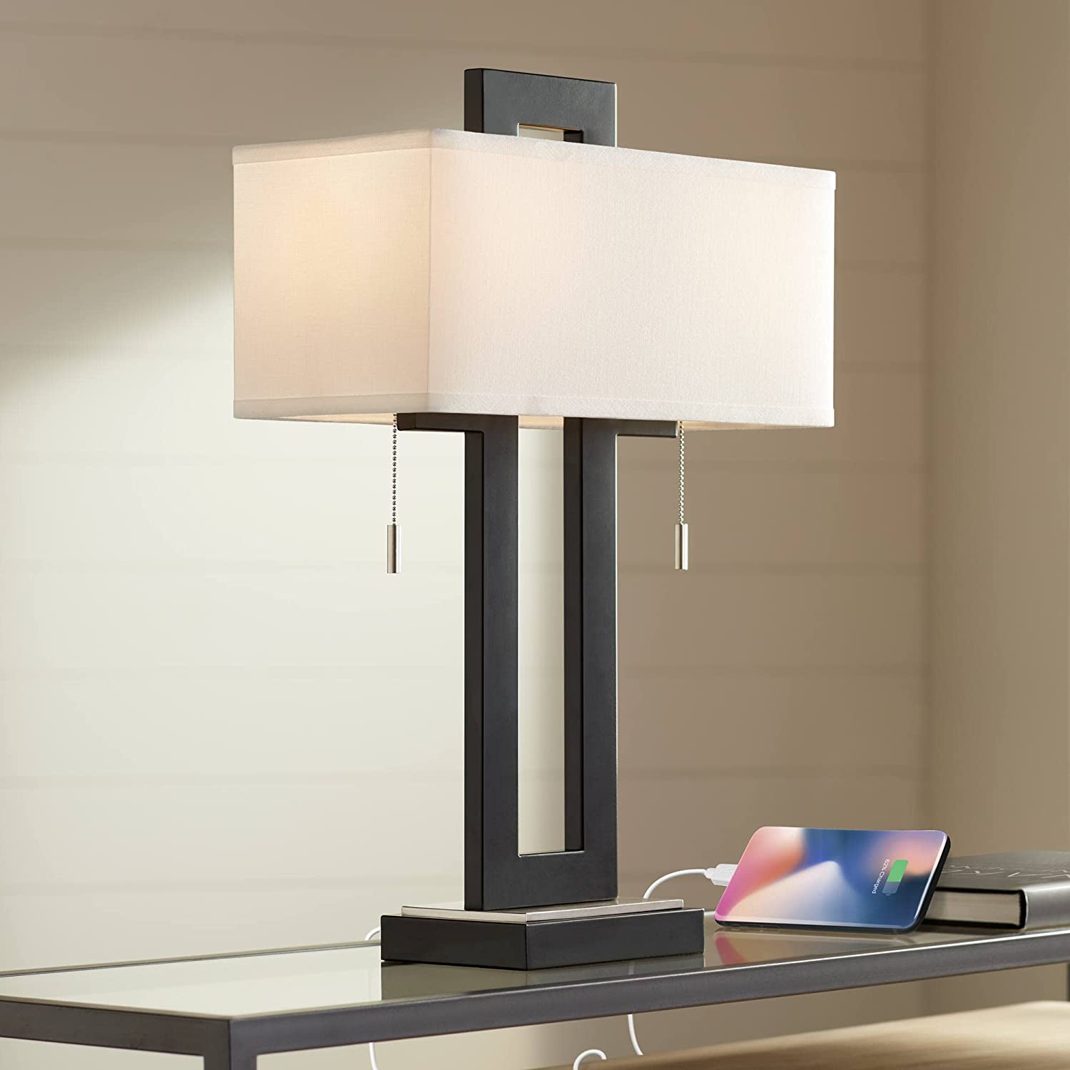 Modern Rustic Table Lamp 26" High with USB Charging Port Black Open ...