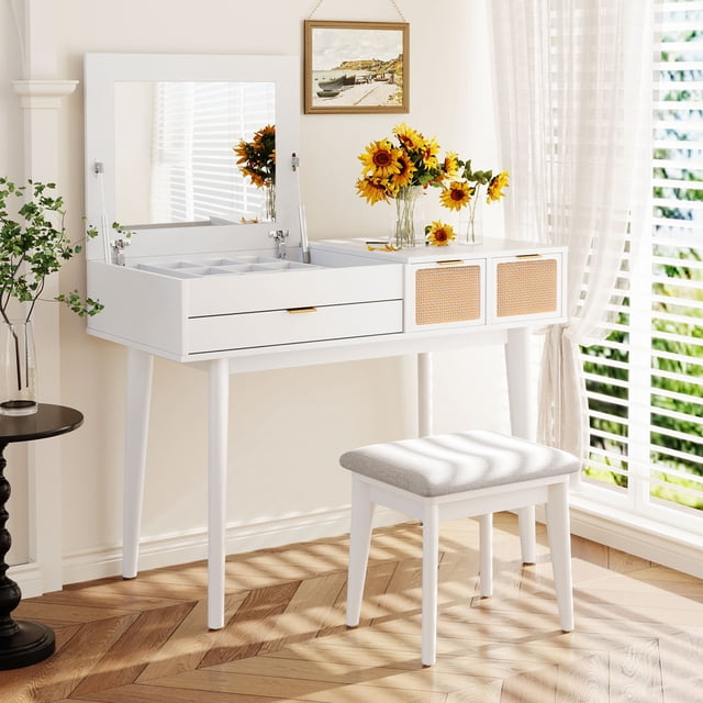 Modern Rustic White Makeup Vanity Set with Flip-Top Mirror & 3 Storage ...