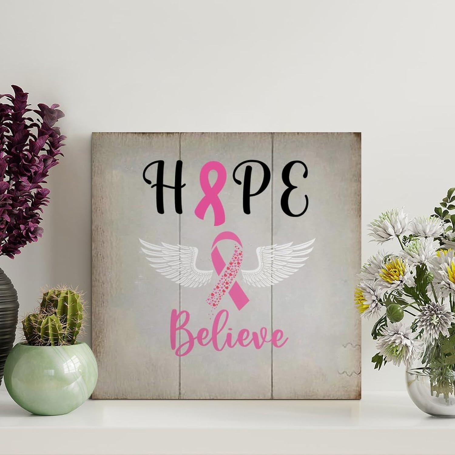 Modern Rustic Wooden Pallet Sign Pink Ribbon Hope Believe Angel Wings ...