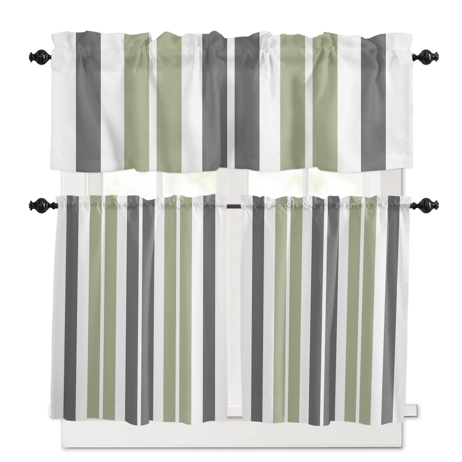 Modern Sage Green, Abstract Geometric Grey White Kitchen Curtains and Valances Set, 3 Piece ...