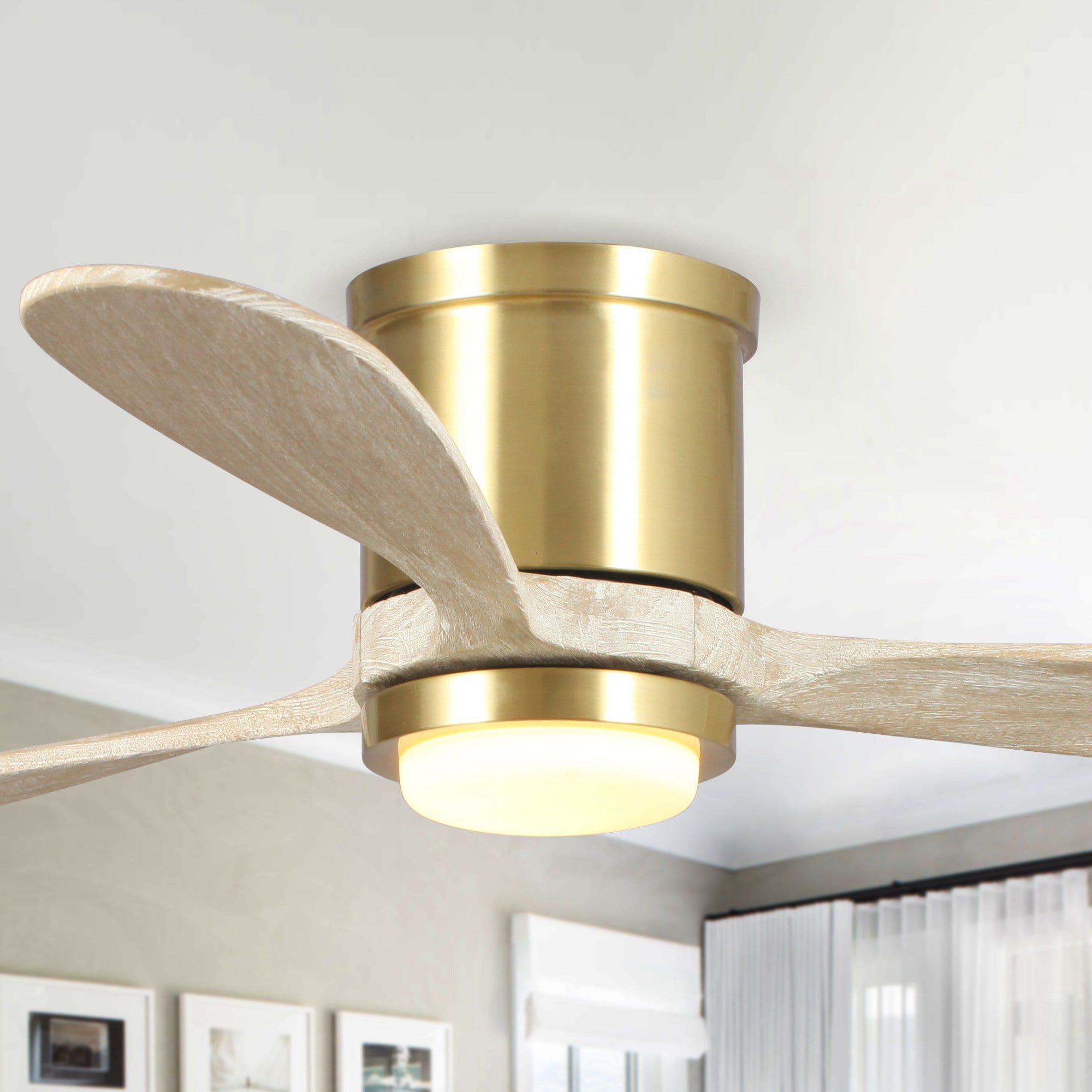 52-Inch Sand Gold Flush Mount LED Ceiling Fan with Light and Remote for ...