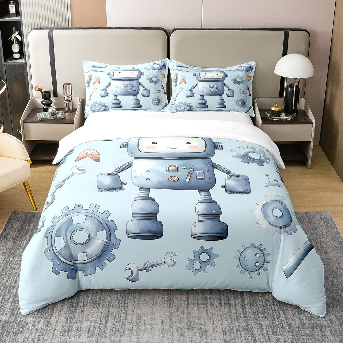 Modern Sci-Fi Robot 100% Natural Cotton Duvet Cover King Construction ...