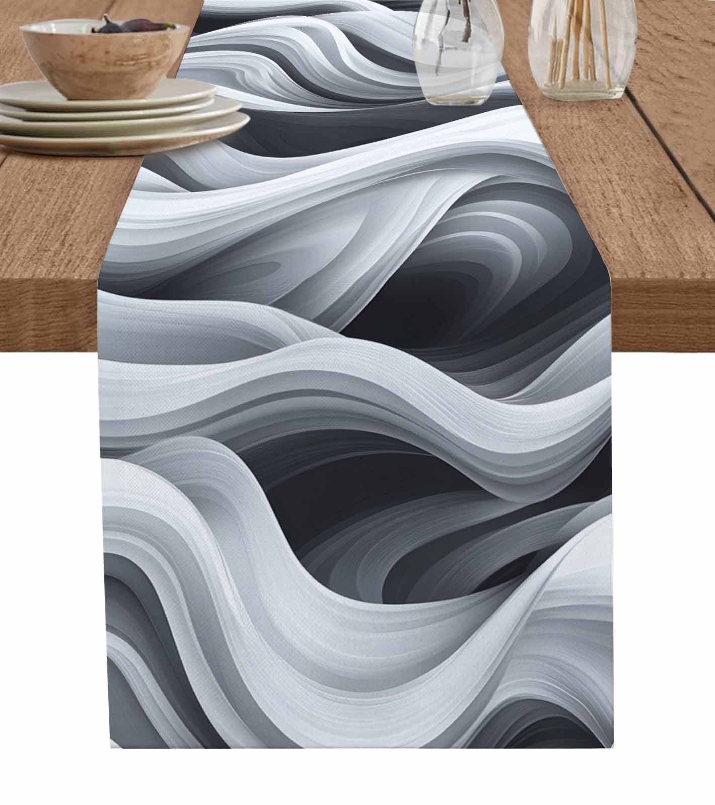 Modern Sea Waves Table Runner 72 Inches, Grey White Texture Abstract ...