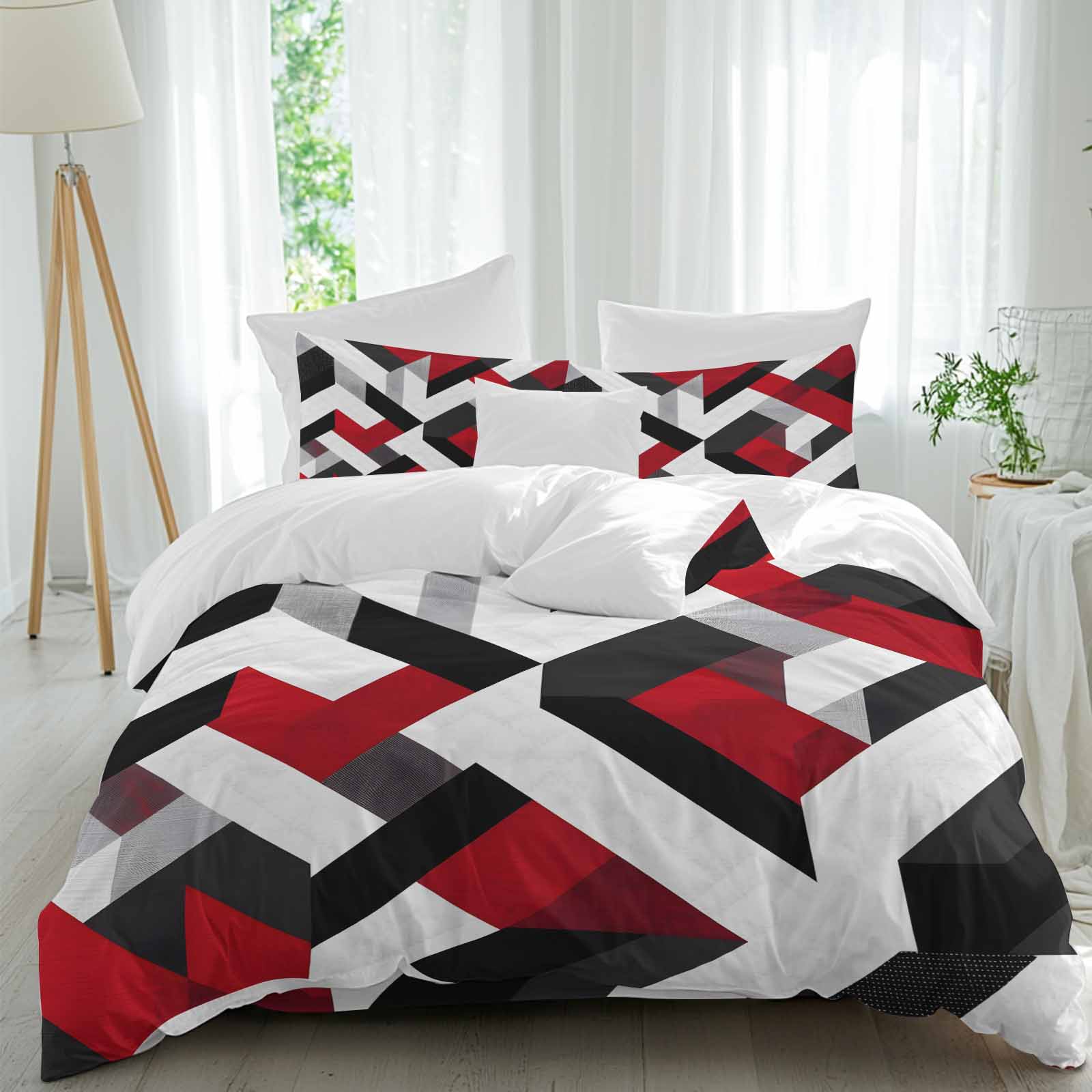 Modern Seamless Stitching 4 Piece Duvet Cover Set Full Size Black Red ...