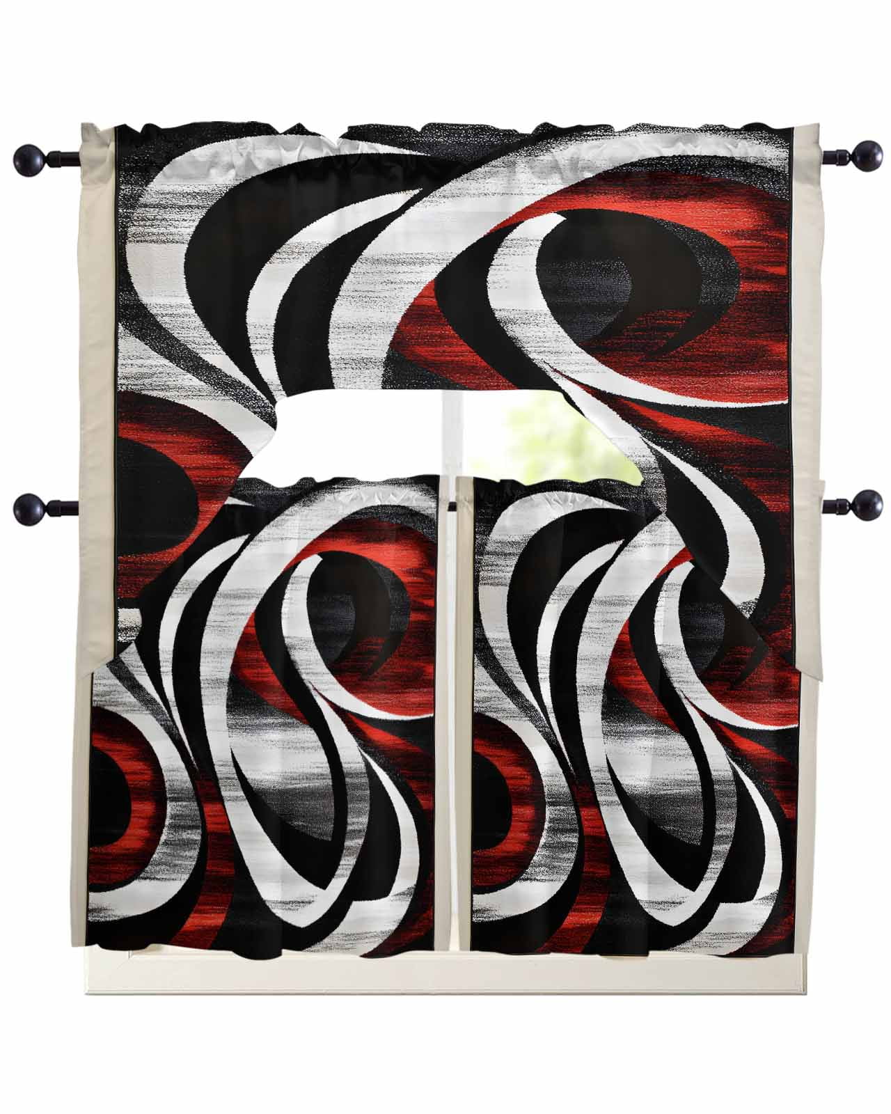 Modern Seamless Stitching Swag Valance and Tier Curtains Set Black Red ...
