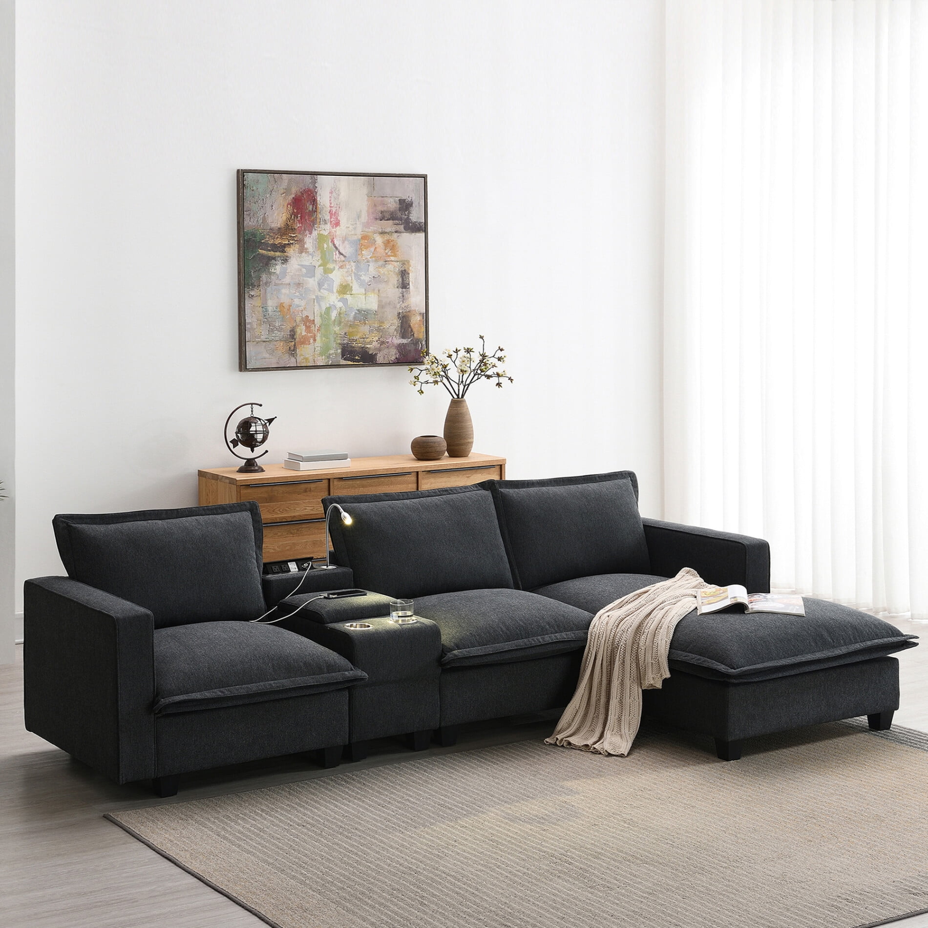 Modern Sectional Cloud Sofa with USB Charging Console & Reading Light ...