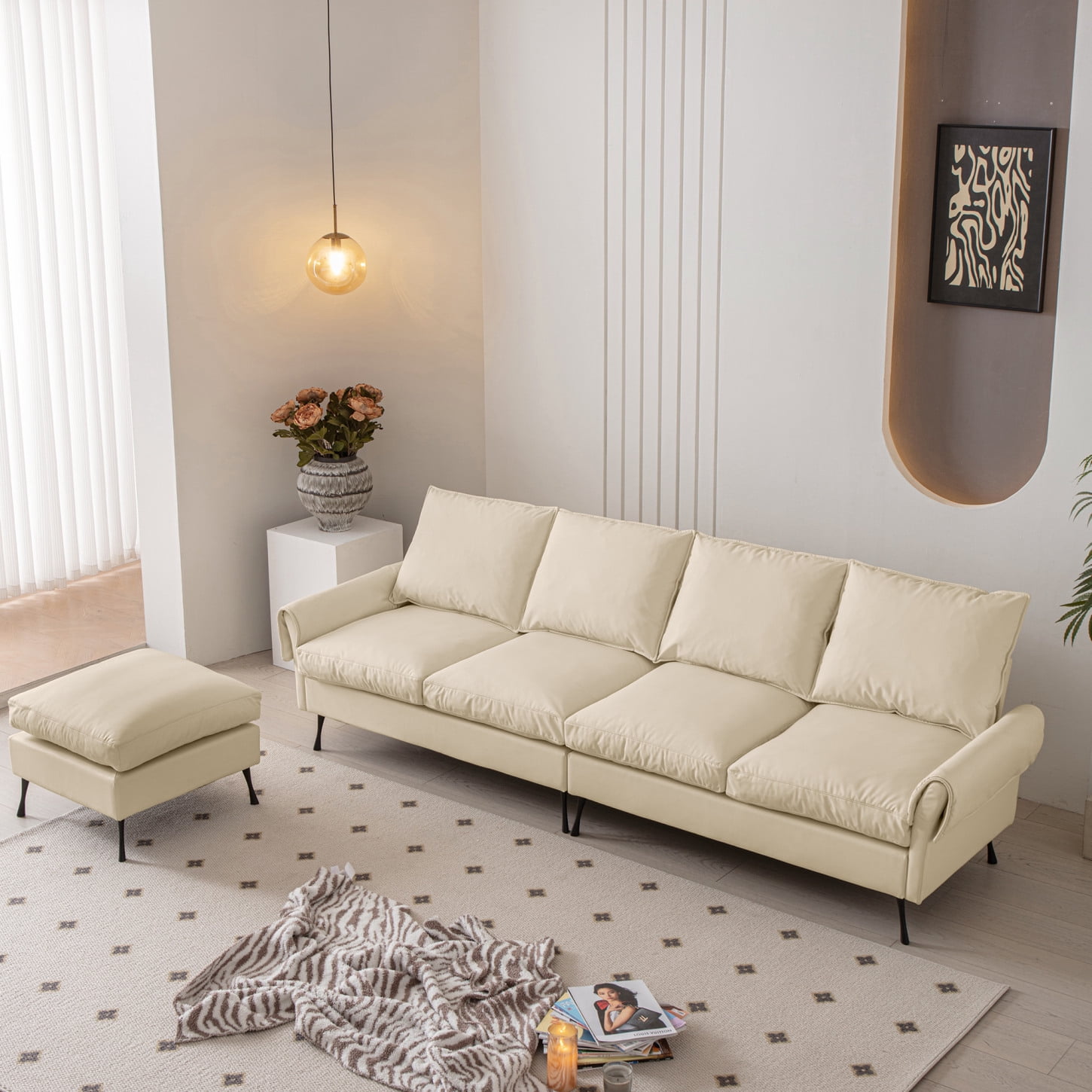 Modern Sectional Leather L-Shaped Sofa Couch with Convertible Ottoman ...