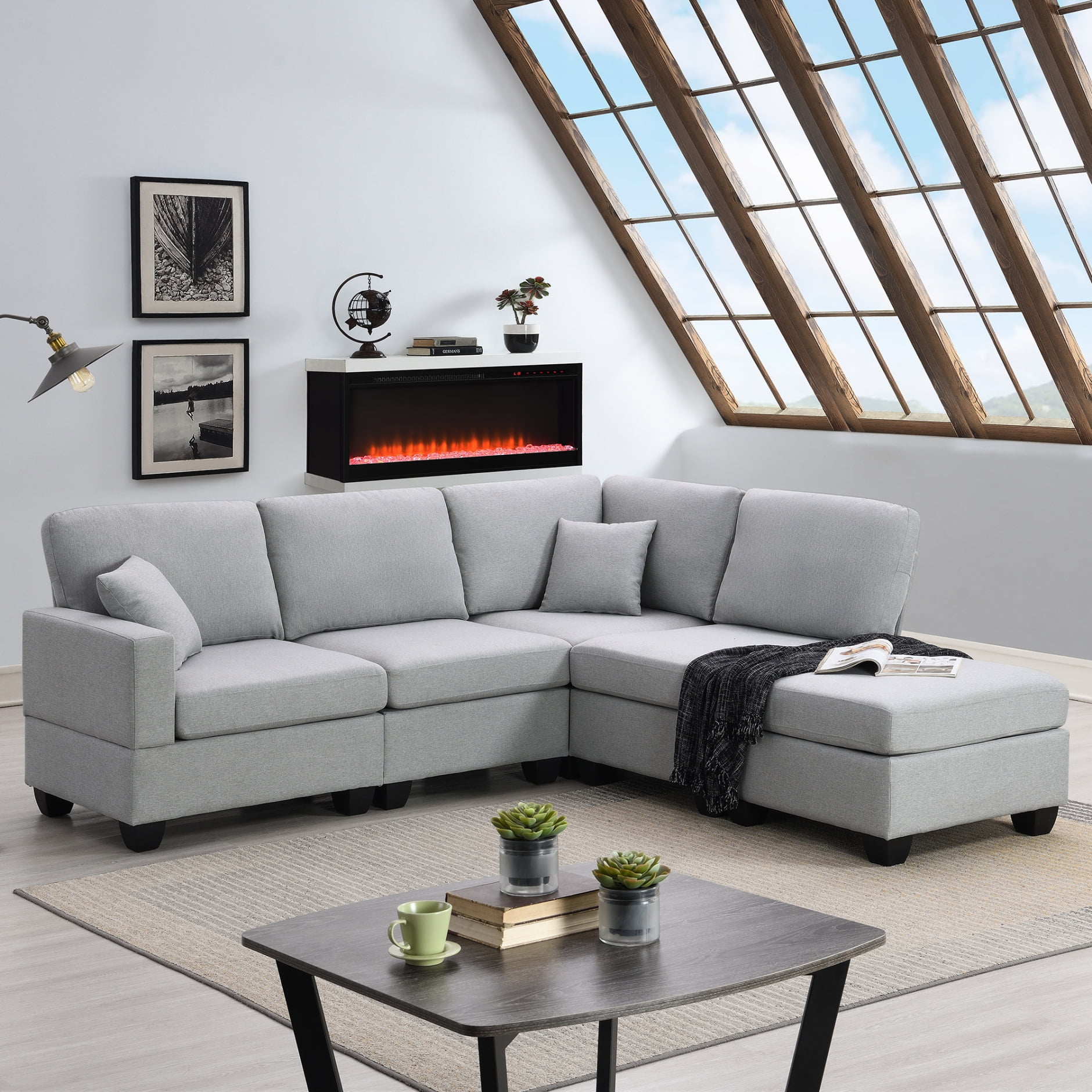 Modern Sectional Sofa, 5-Seat Modular Couch Set with Convertible ...