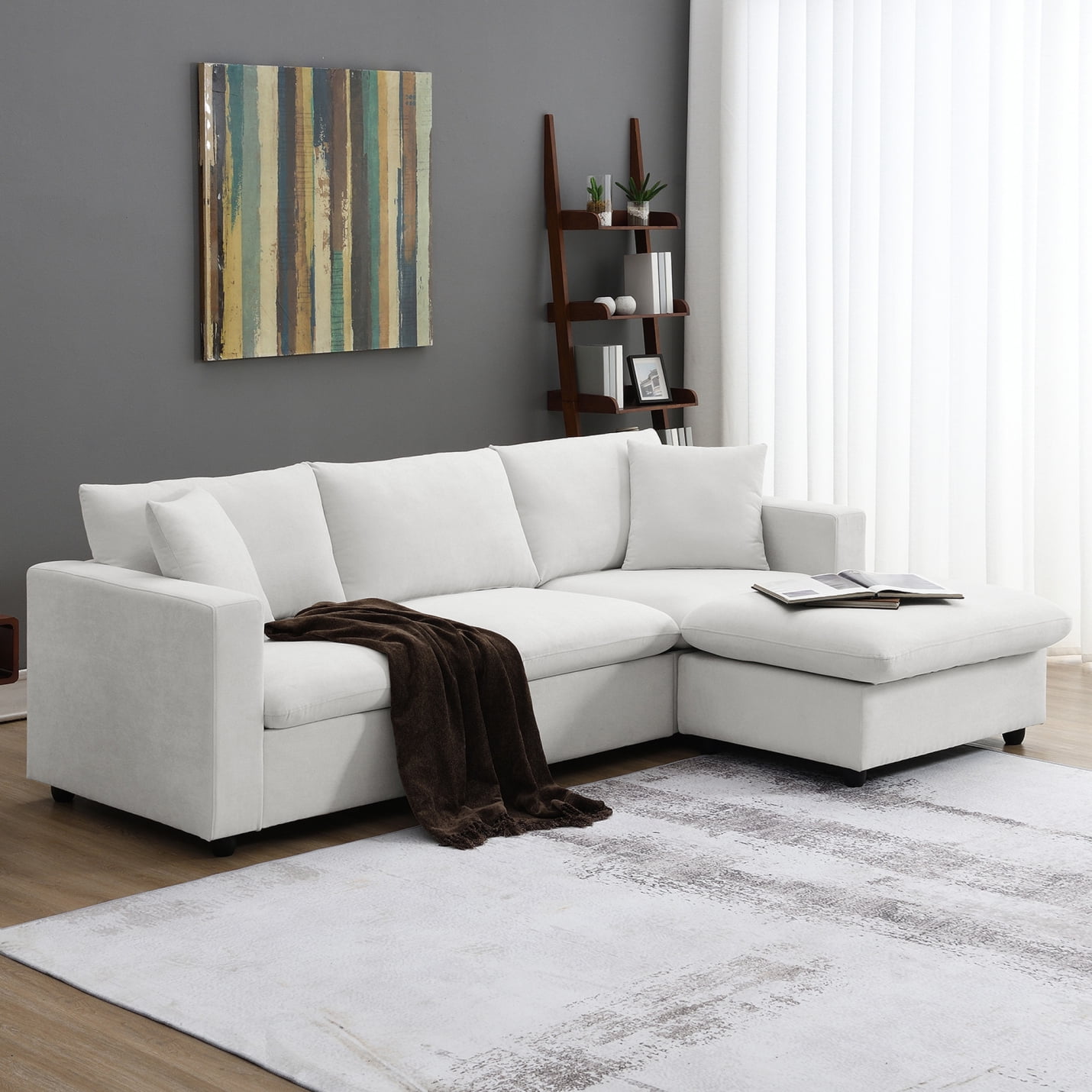 Modern Sectional Sofa with Convertible Ottoman, L-shaped Couch Set with 2 Free pillows and 4 ...