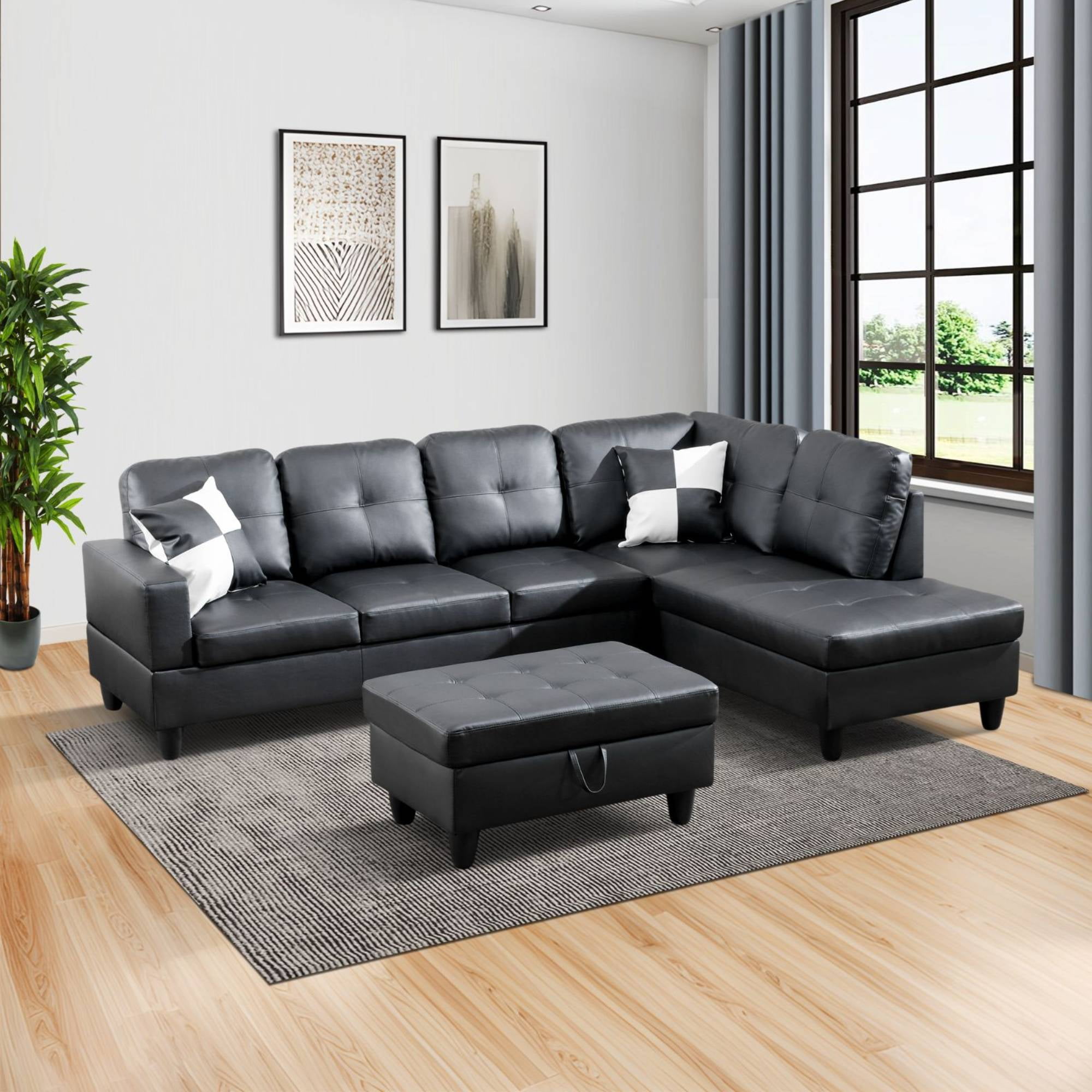 Modern Sectional Sofa Couch, 4-Seaters Leather Sleep Sofa with Right ...