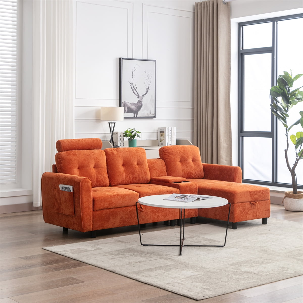 Modern L-Shaped Sectional Sofa with Storage, Corner Couch with Cup ...