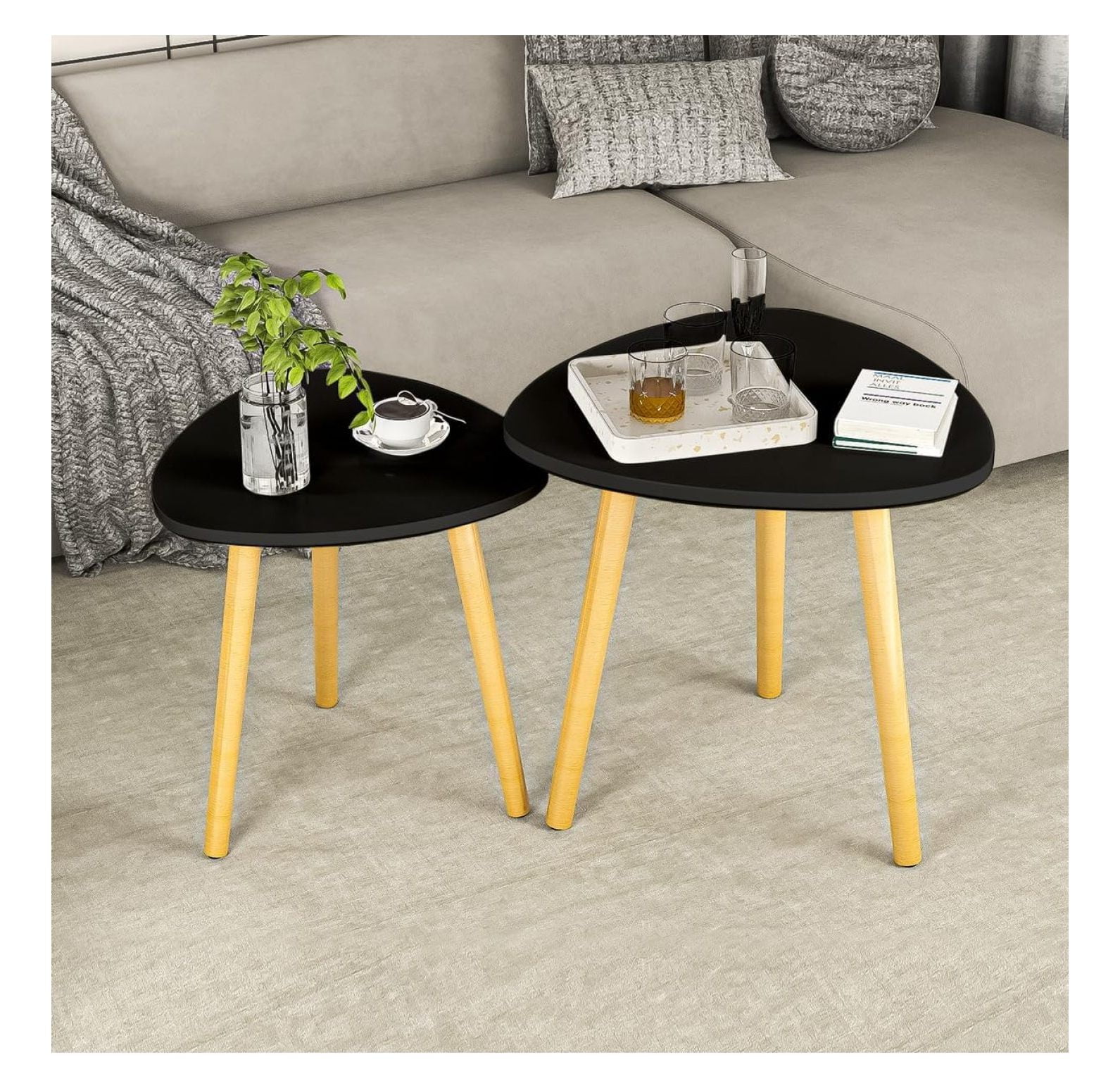 Modern Semi-Nesting Table with Wooden Legs Set of 2 - Triangle Side ...