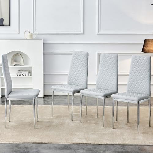 Modern Set of 4, PU Checkered Armless High Back Dining Chairs with ...