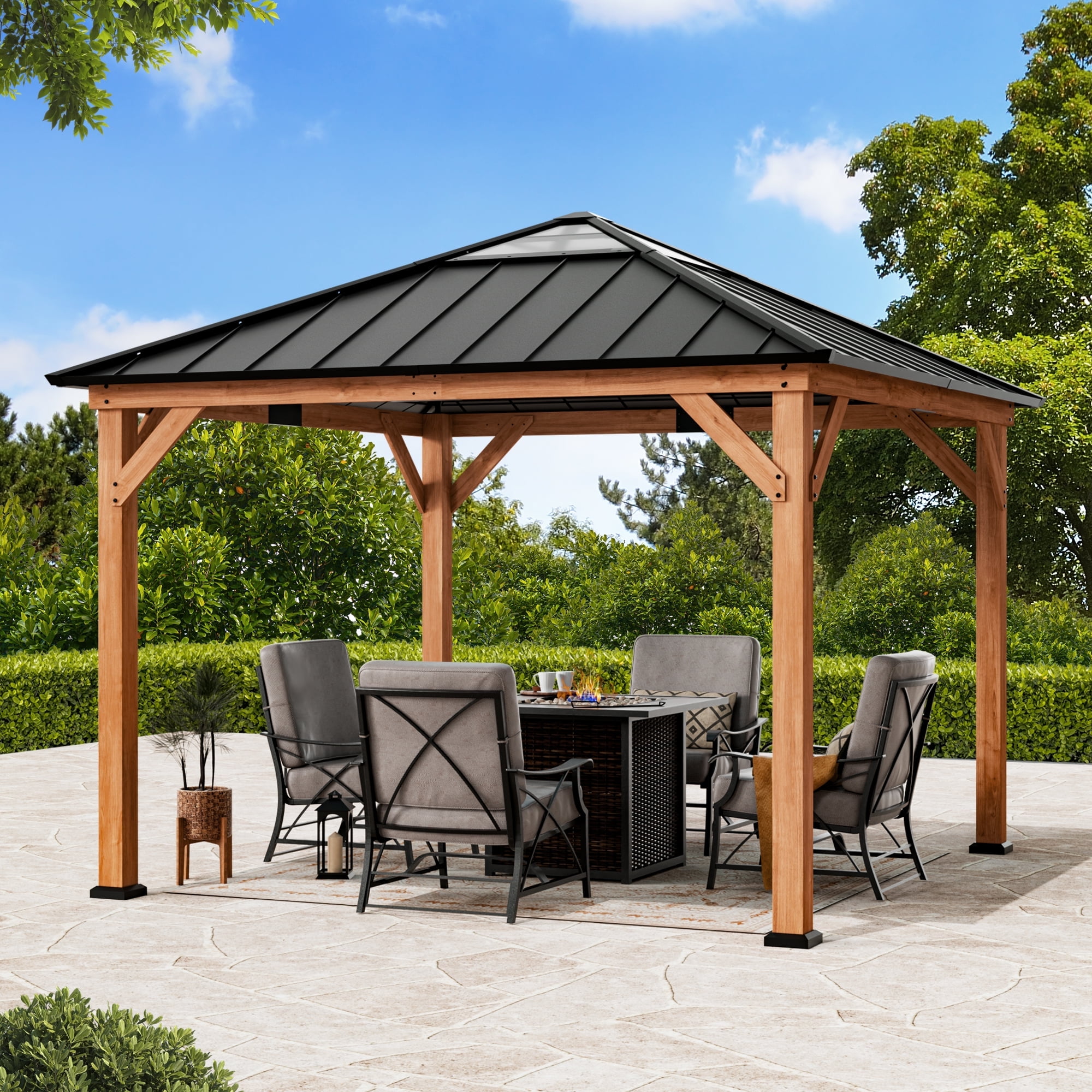 Modern Shade 11'x 11'Outdoor Cedar Wood Hardtop Gazebo with Galvanized ...