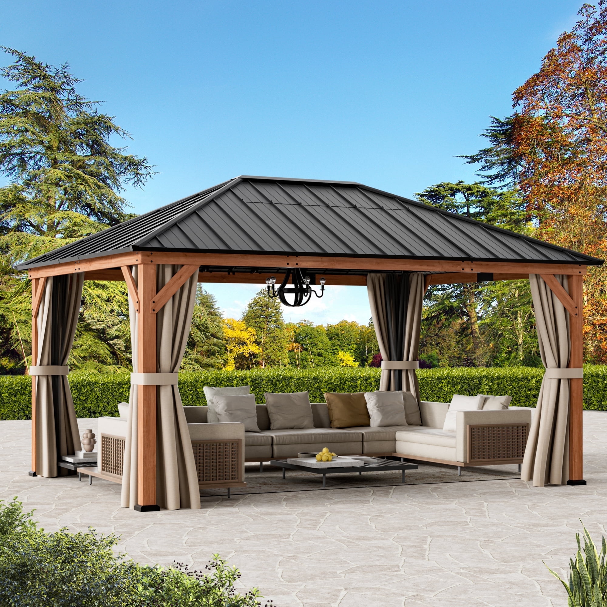 Modern Shade 12'x 16'Outdoor Cedar Wood Hardtop Gazebo with Galvanized ...