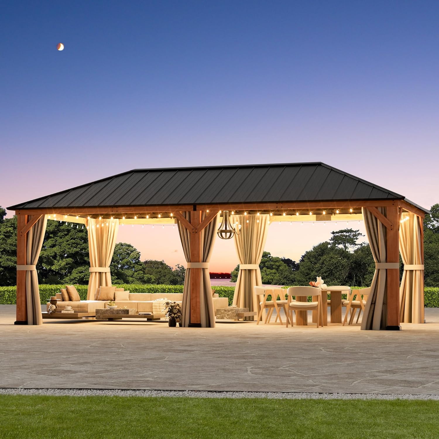 Modern Shade 12x24 Wood Hardtop Gazebo with Steel Roof,Curtains&Netting ...