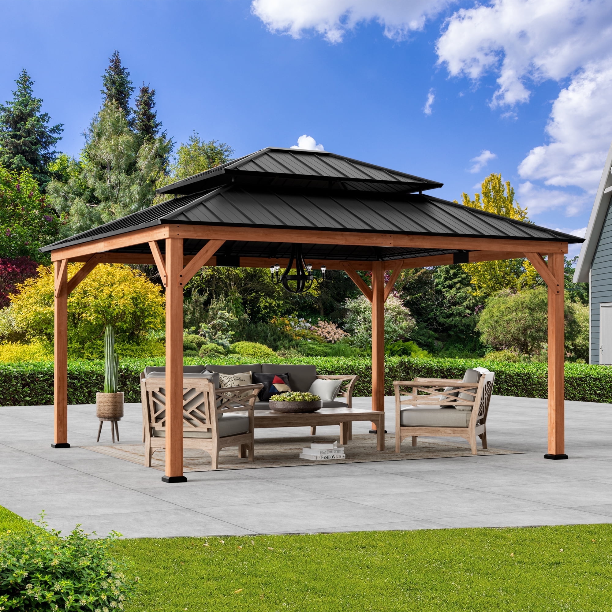 Modern Shade 13'x15'Outdoor Cedar Wood Hardtop Gazebo with Double Steel ...