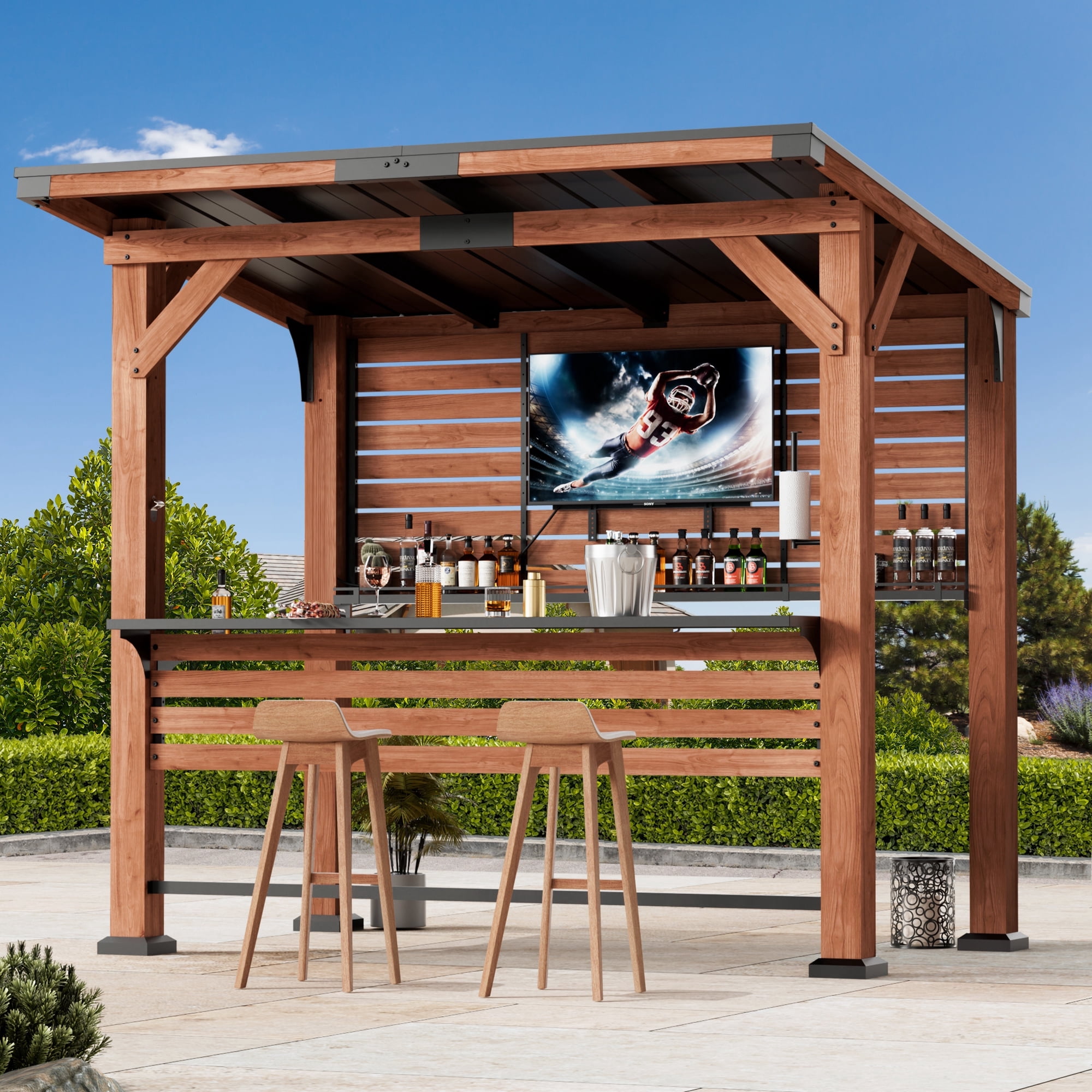 Modern Shade Cedar Wood Entertainment Gazebo with Hardtop Roof, Grill ...