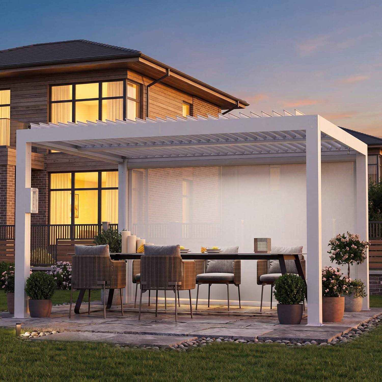 Modern Shade Aurora 10'x12' White Louvered Pergola, 12ft Pull-Down ...
