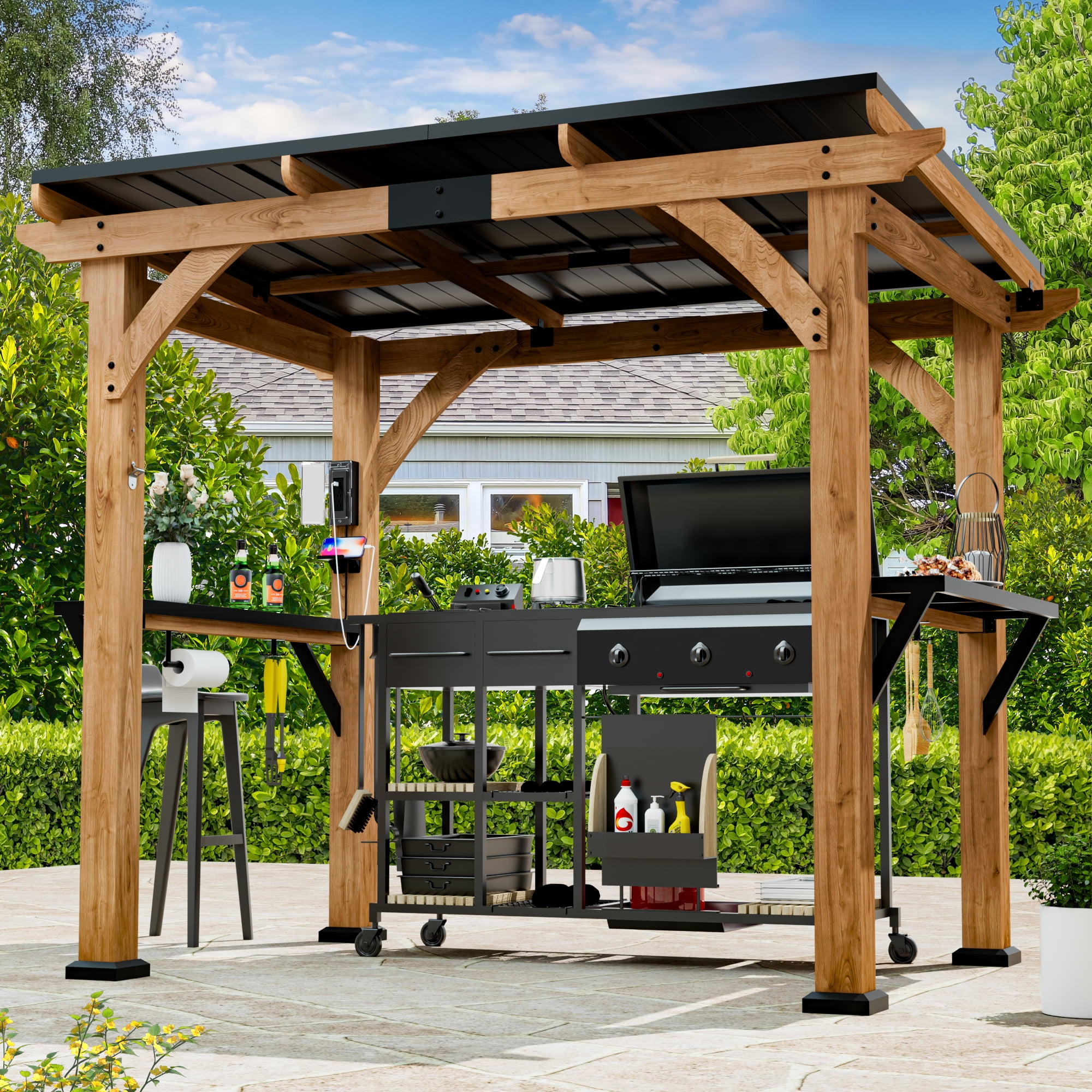 Modern Shade Grill Gazebo 6' X 8', Cedar Wood Gazebo with Shelves and ...