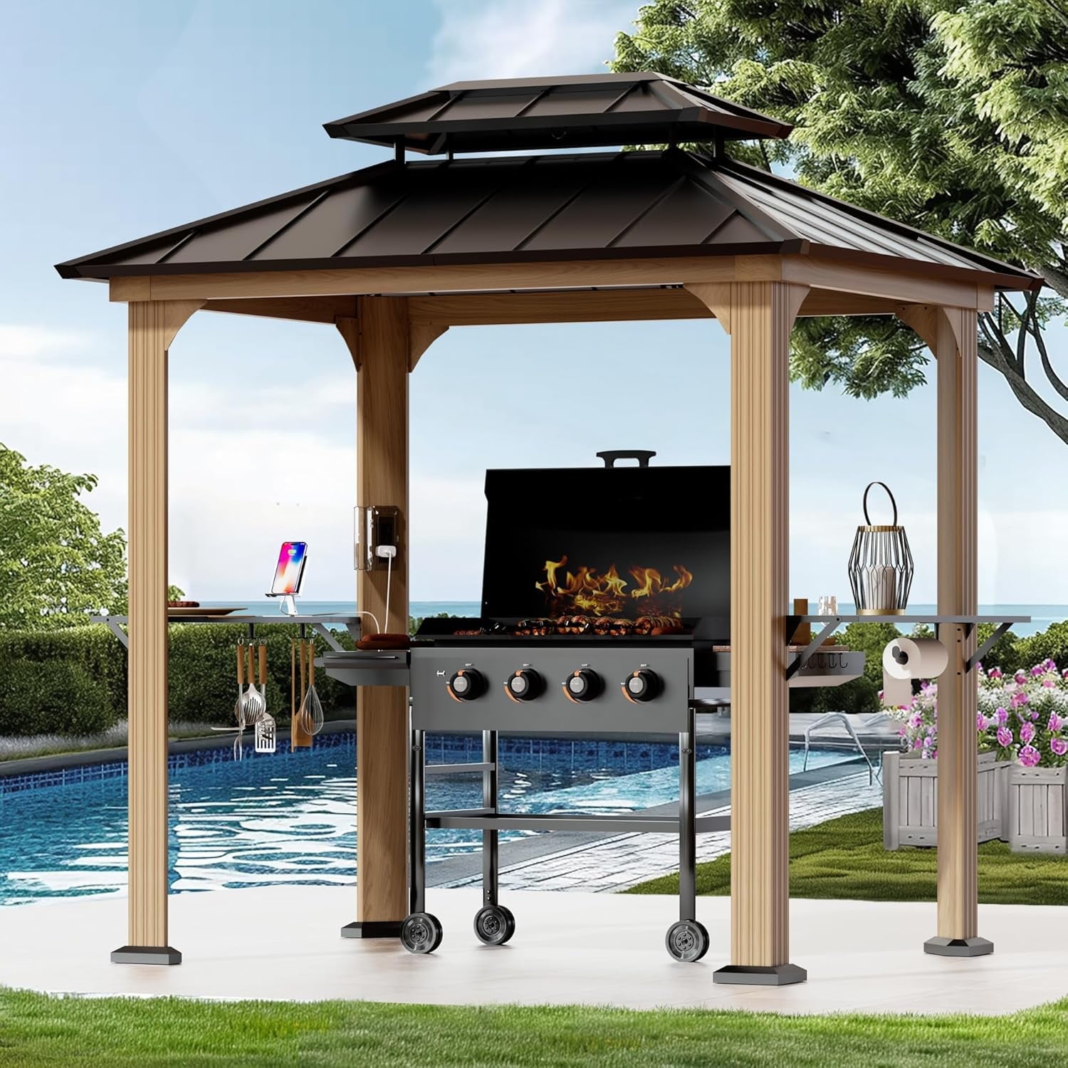 Modern Shade Grill Gazebo 6' X 8', Permanent Aluminum BBQ Gazebos with ...