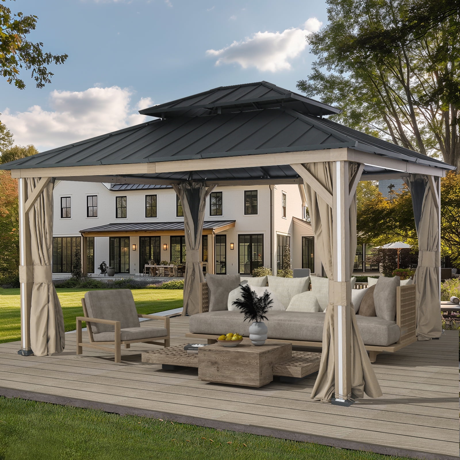 Modern Shade Hardtop Gazebo 12' x 14', Patio Gazebo with 4 LED Lights ...