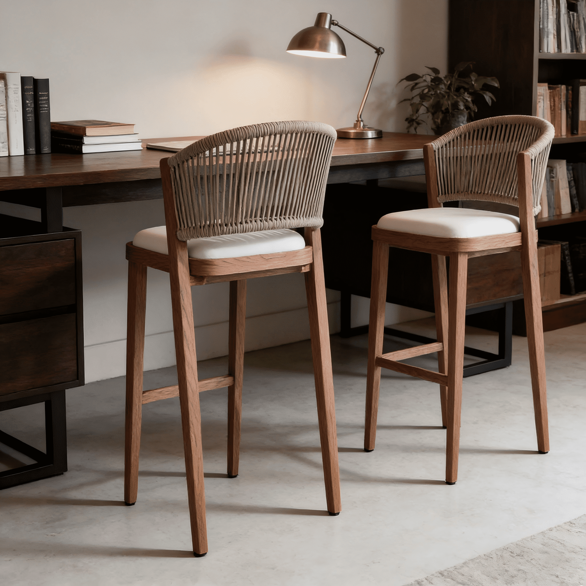 Modern Shade Set of 2 Outdoor Bar Stools Rope Woven Backrest Powder ...