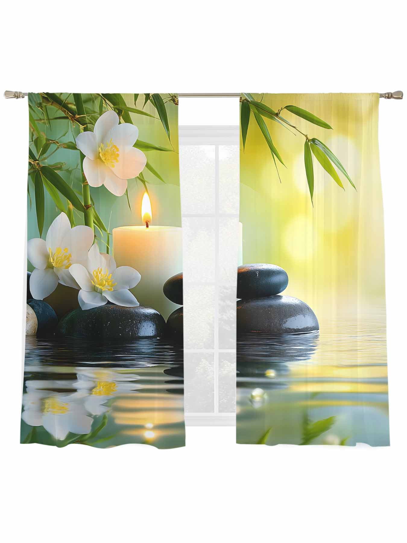 Modern Sheer Curtains 2 Panels Set Country Water Surface Stone Flower ...