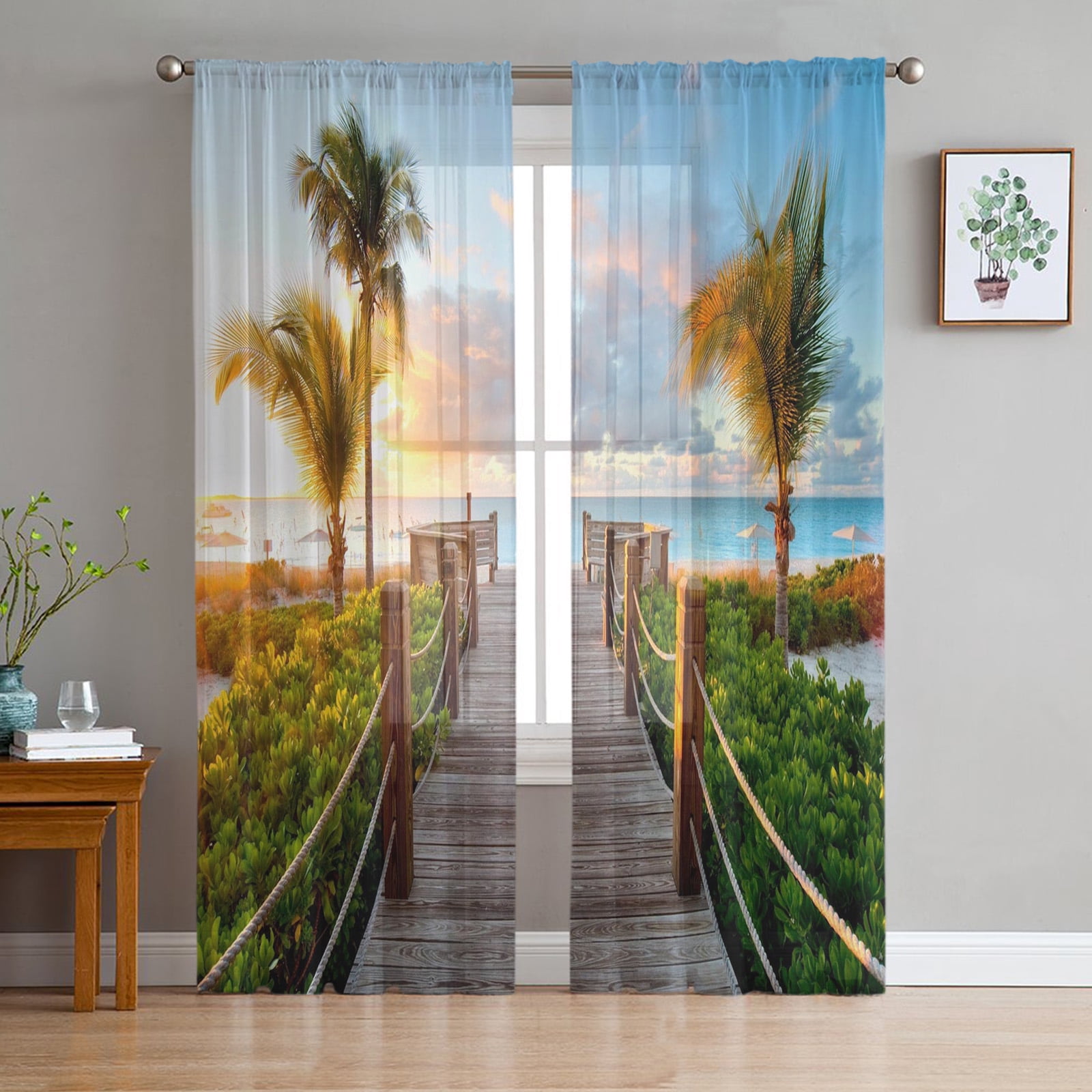 Modern Sheer Curtains Summer Beach Palm Trees Living Room Kitchen ...