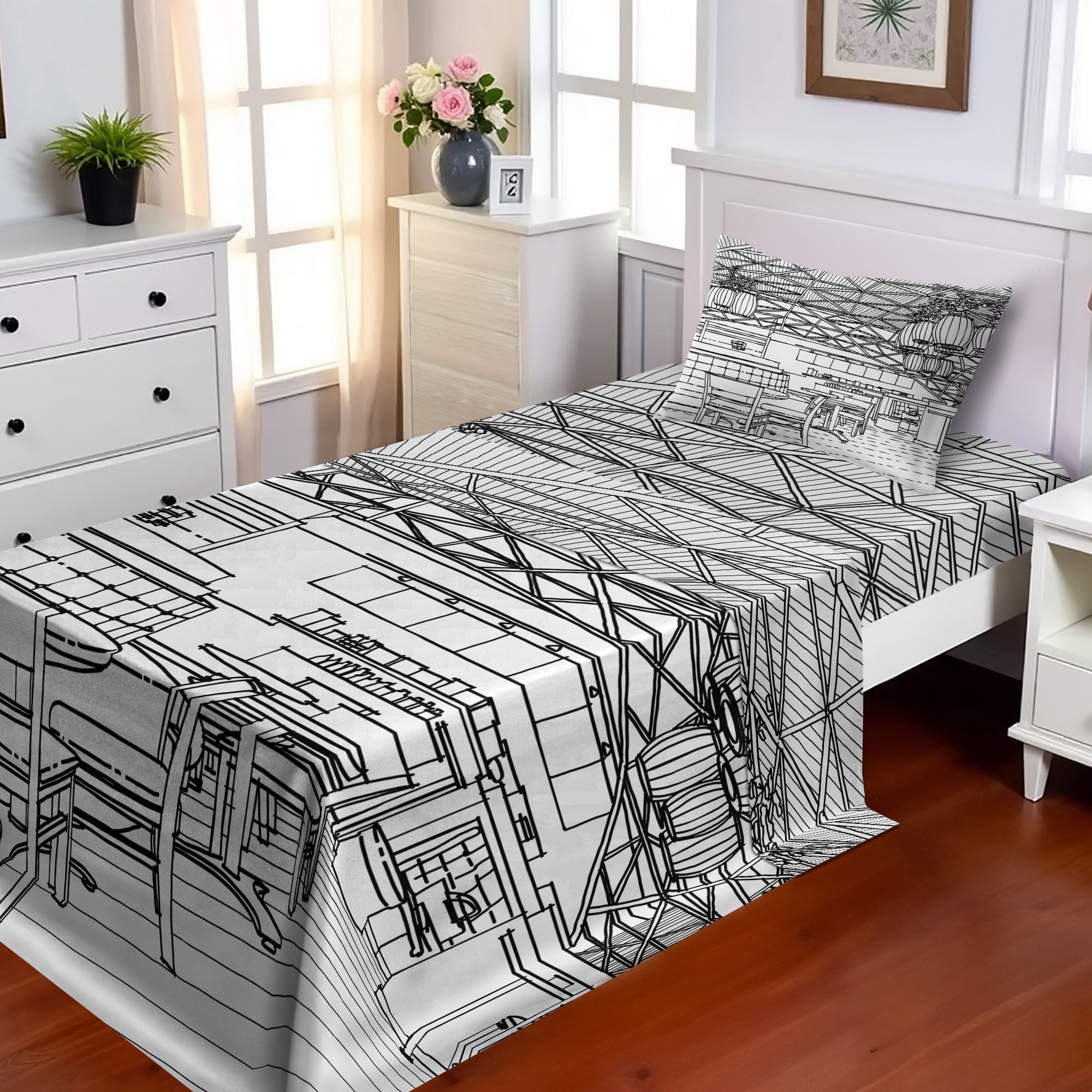 Ambesonne Modern Fitted & Top Sheet Set with Sham, Restaurant Bar Art ...