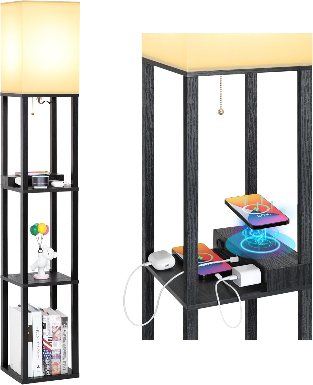 Modern Shelf Floor Lamp with Wireless Charger & Fast Charging USB Ports ...