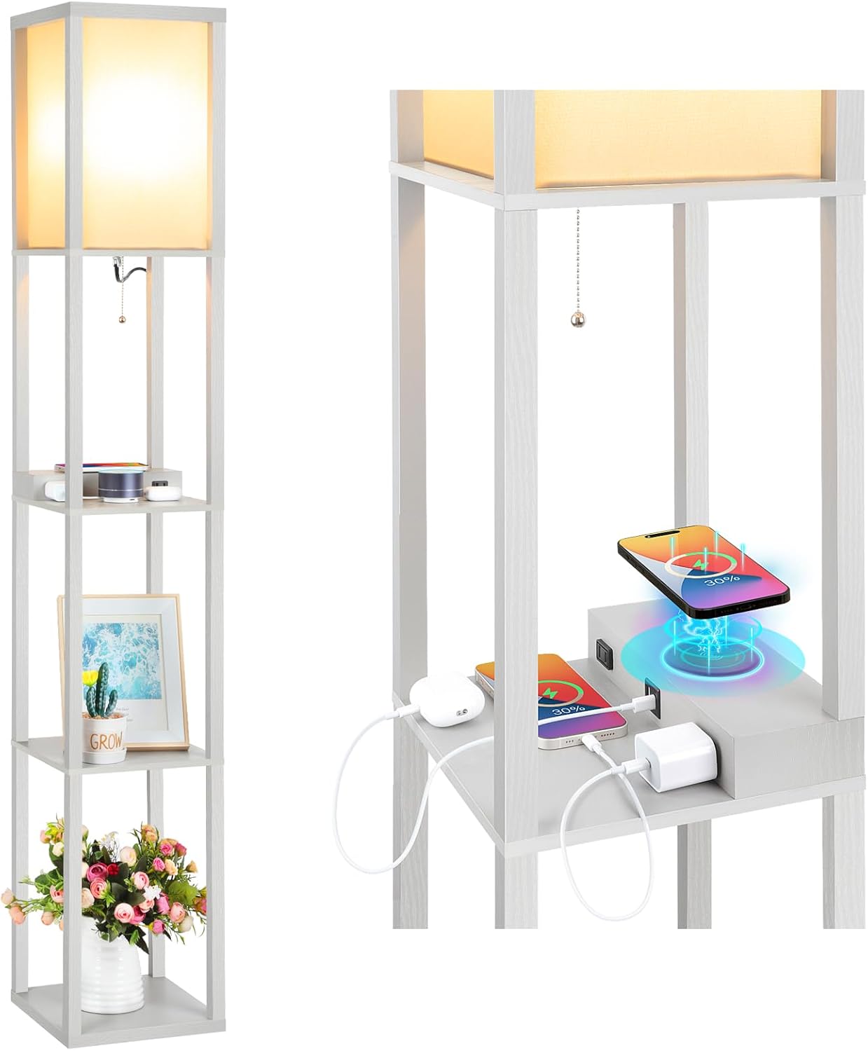 Modern Shelf Floor Lamp with Wireless Charger & Fast Charging USB Ports ...