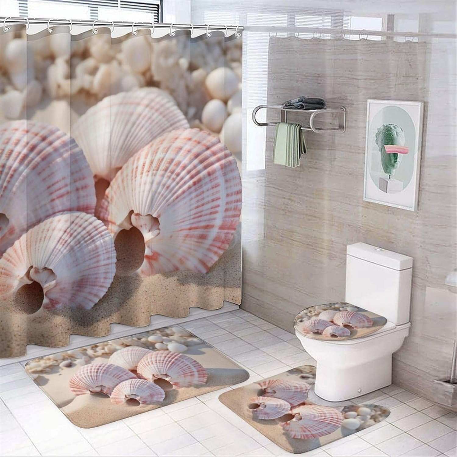 Modern Shells 4 Pieces Shower Curtain Sets Simple Beach Conch Creatures ...