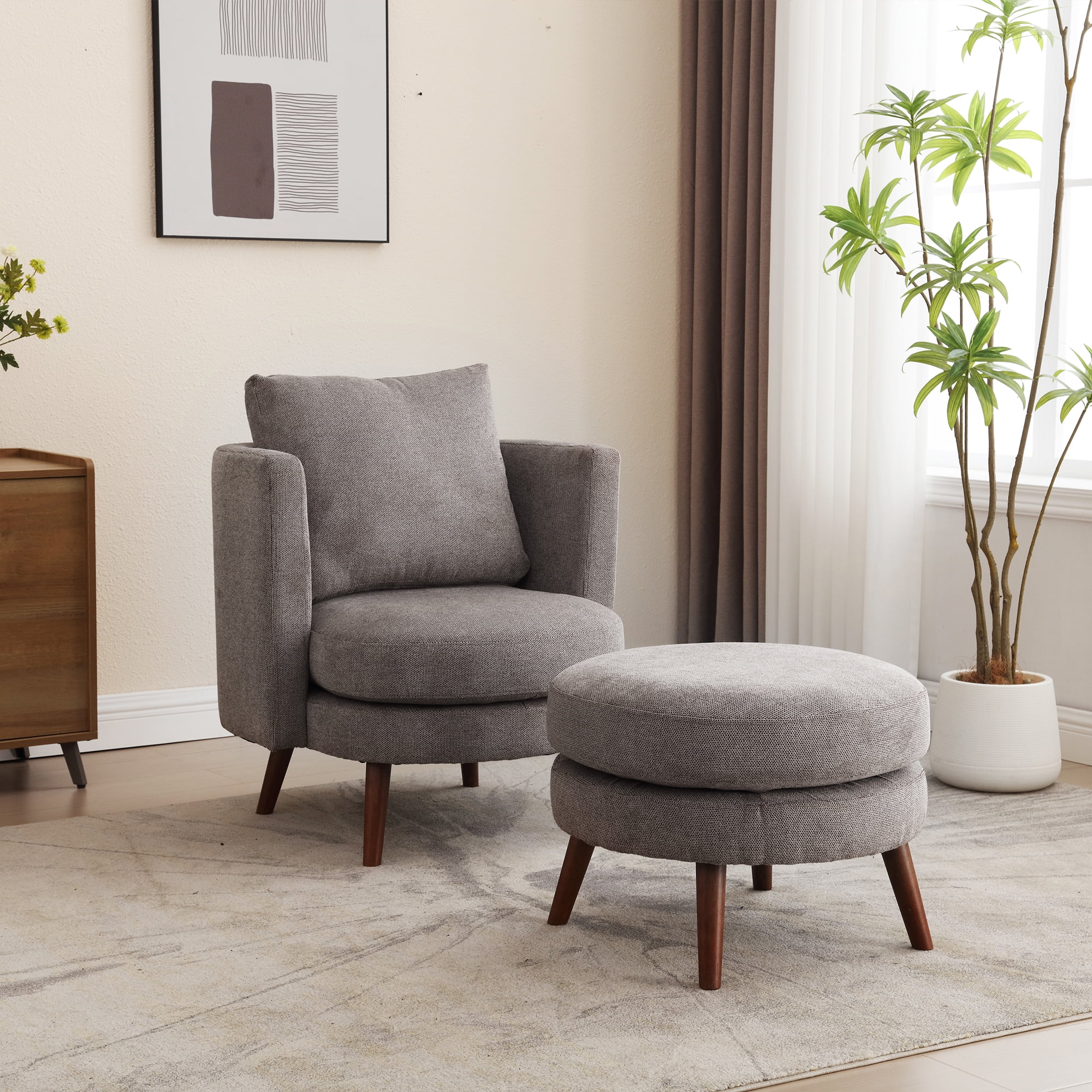 Modern Sherpa Accent Chair with Storage Ottoman Set, Upholstered Barrel ...