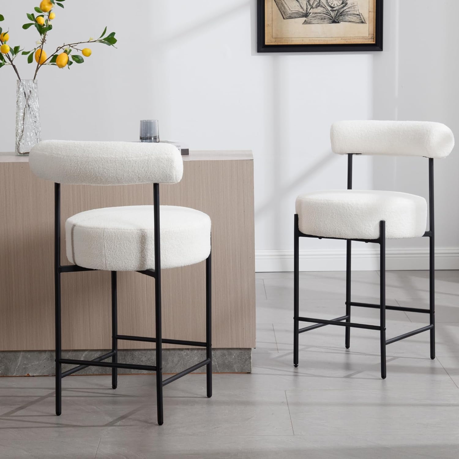 Modern Sherpa Bar Stools Set of 2 White Boucle Bar Stools with Back ...