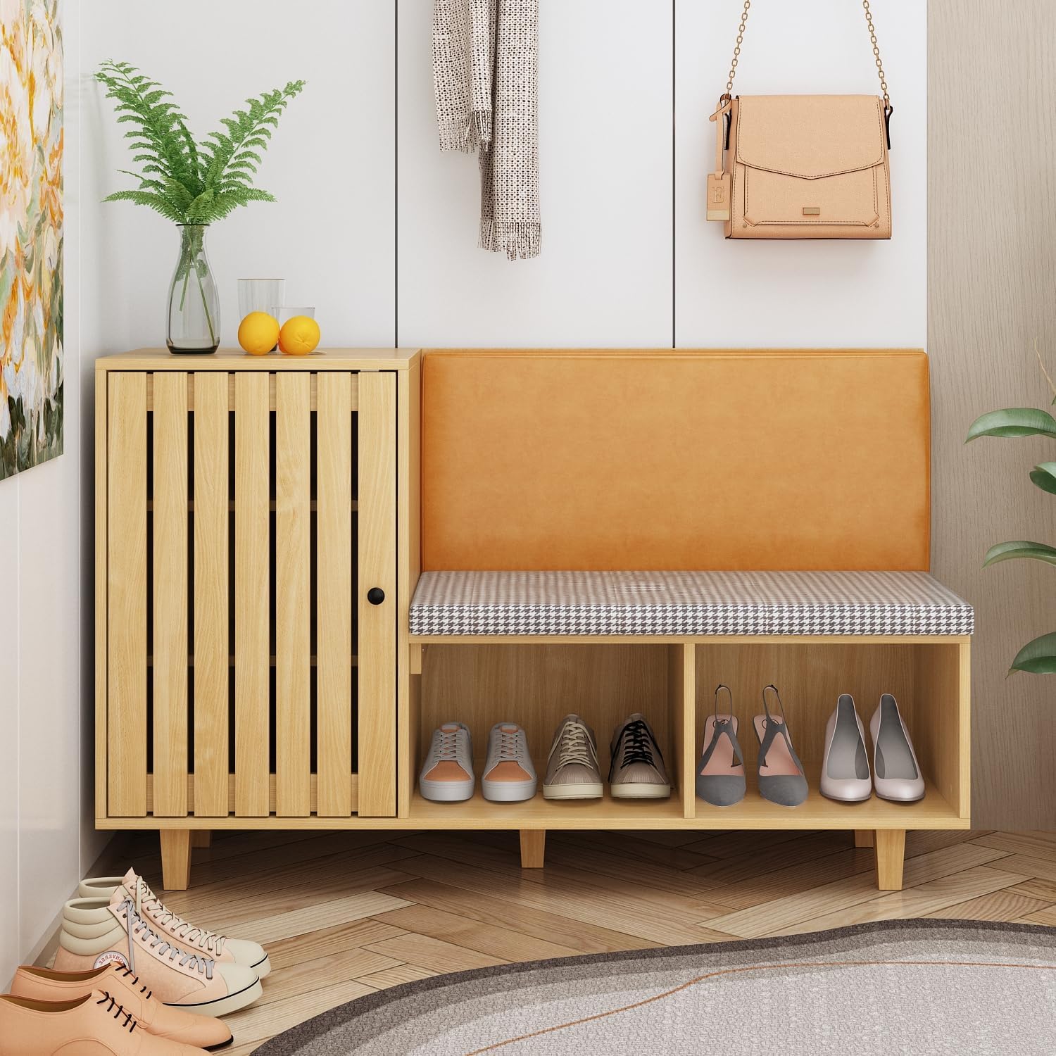 Modern Shoe Bench with Padded Seat Cushion and Back Cushion, Entryway ...