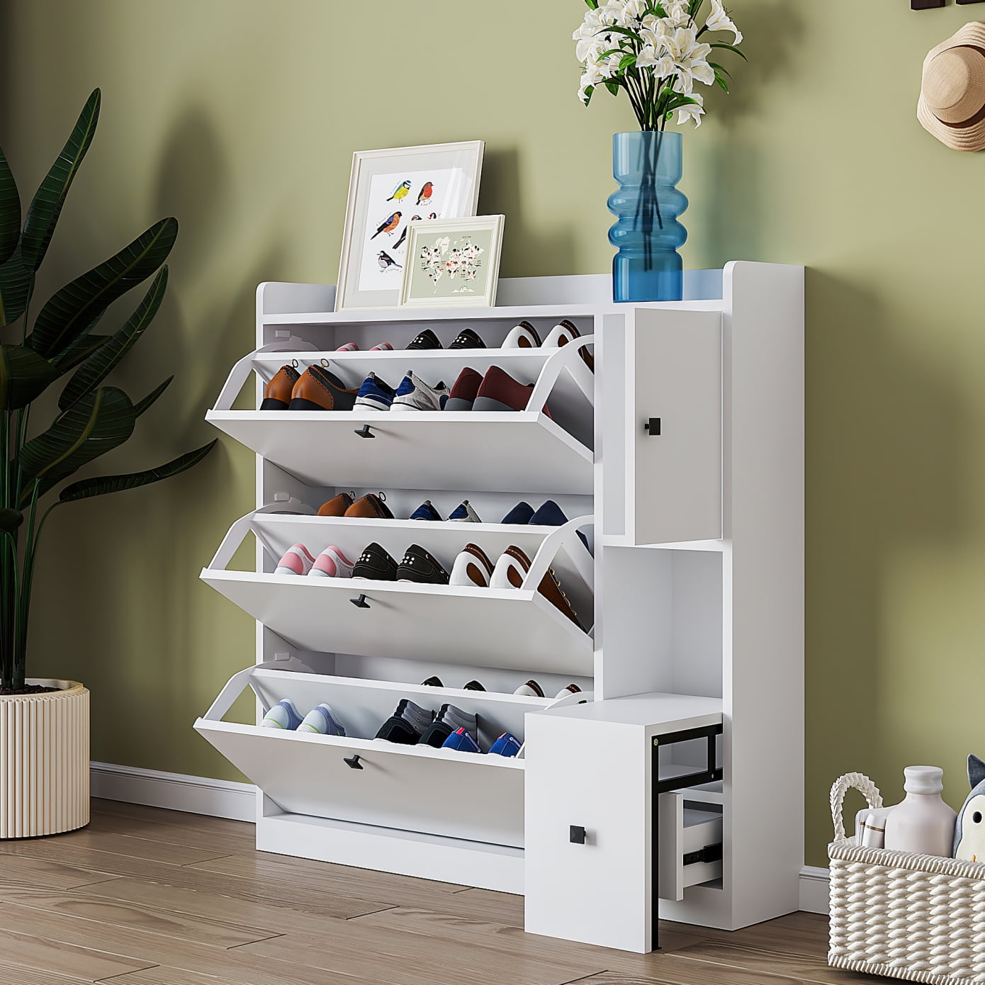 Modern Shoe Cabinet with 3 Flip-Front Drawers & Pull-Down Bench ...