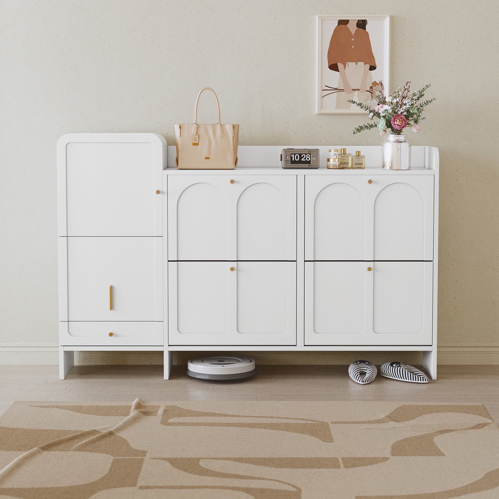 Modern Shoe Cabinet with 4 Flip Drawers and Bench, Narrow Hidden Shoe ...